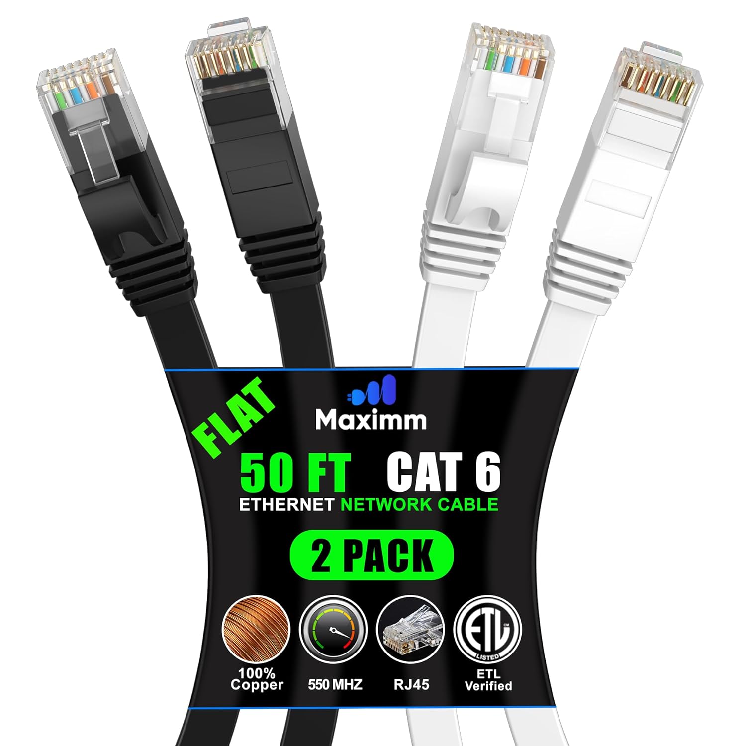 Maximm Cat 6 Ethernet Cable 50 Ft, Flat Ethernet Cable, Cat6 Cable (2 ...