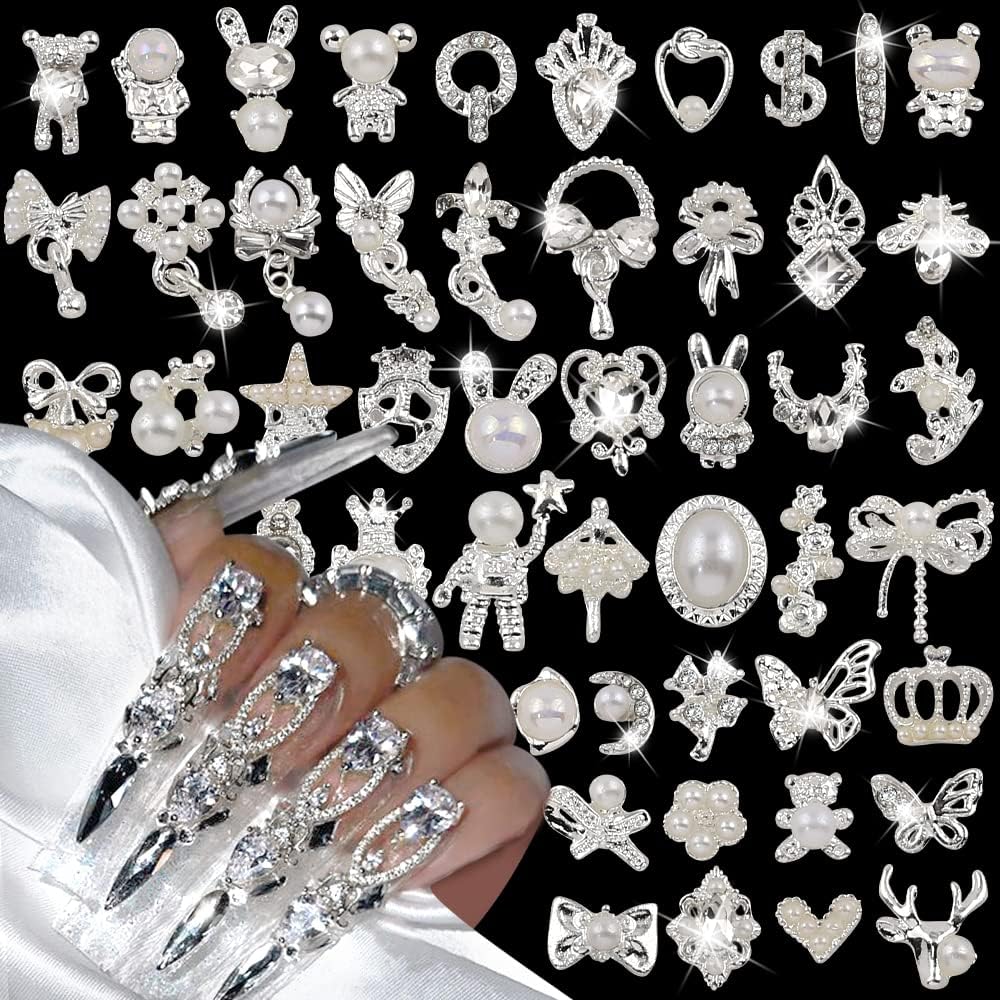 Amazon.com: 50pcs Luxury Nail Rhinestones Random Silver Nail Charms 3D ...