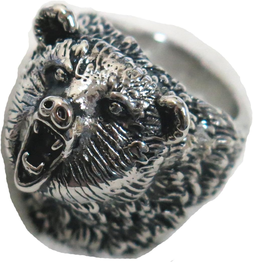 Noveltees Wild Grizzly Bear with Teeth Silver Stainless Steel Biker ...
