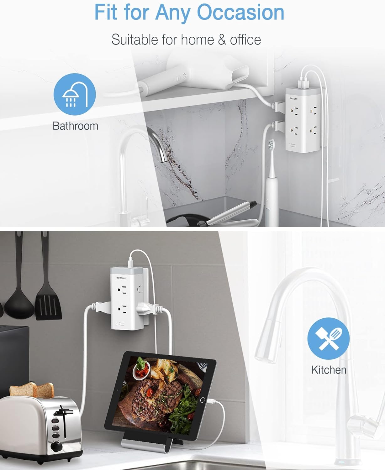 Buy Multi Plug Outlet Extender with USB, TESSAN Power Strip Surge ...