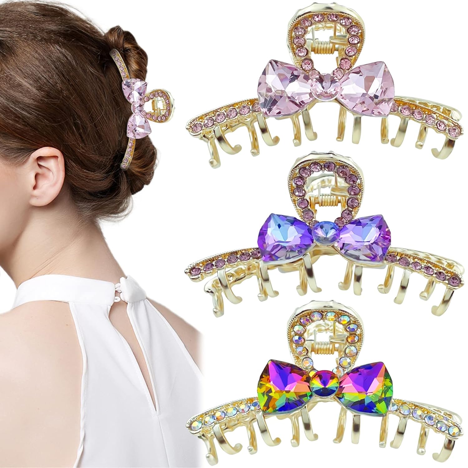 Amazon.com: 3 Pcs Crystal Bow Hair Claw Clips Vintage Rhinestone Fancy ...