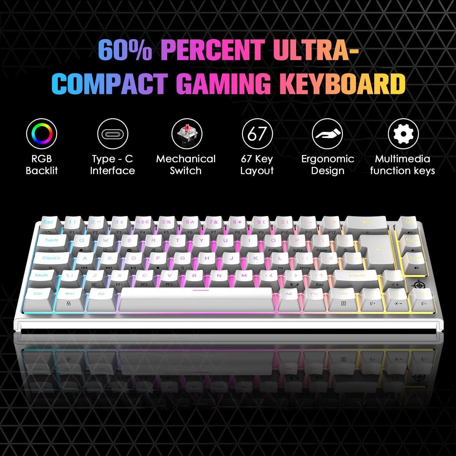 UK Layout 60% Gaming Keyboard RGB Backlit Red Switch Mechanical ...