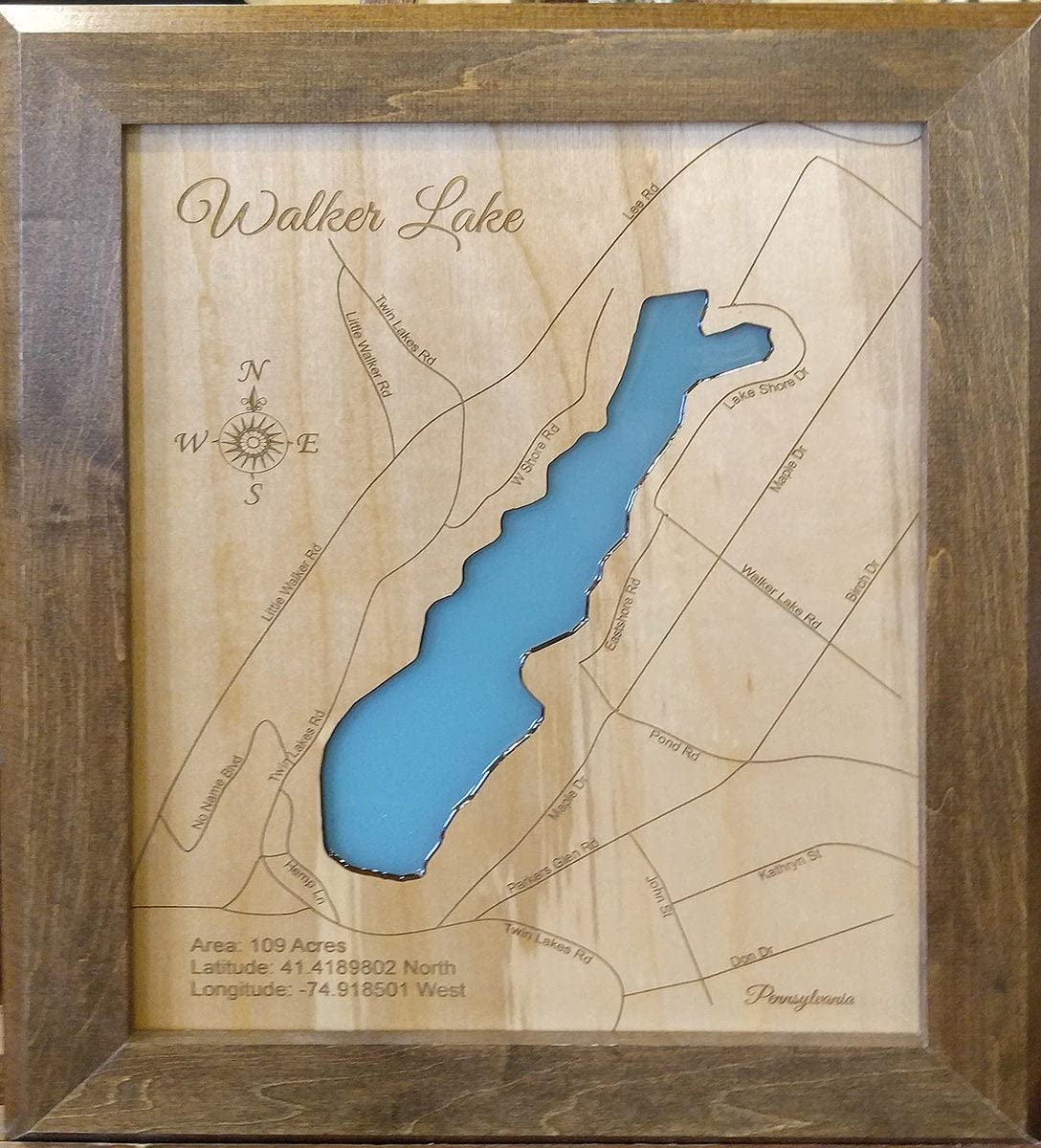 Amazon.com: Walker Lake, Pennsylvania: Framed Wood Laser Engraved Map ...