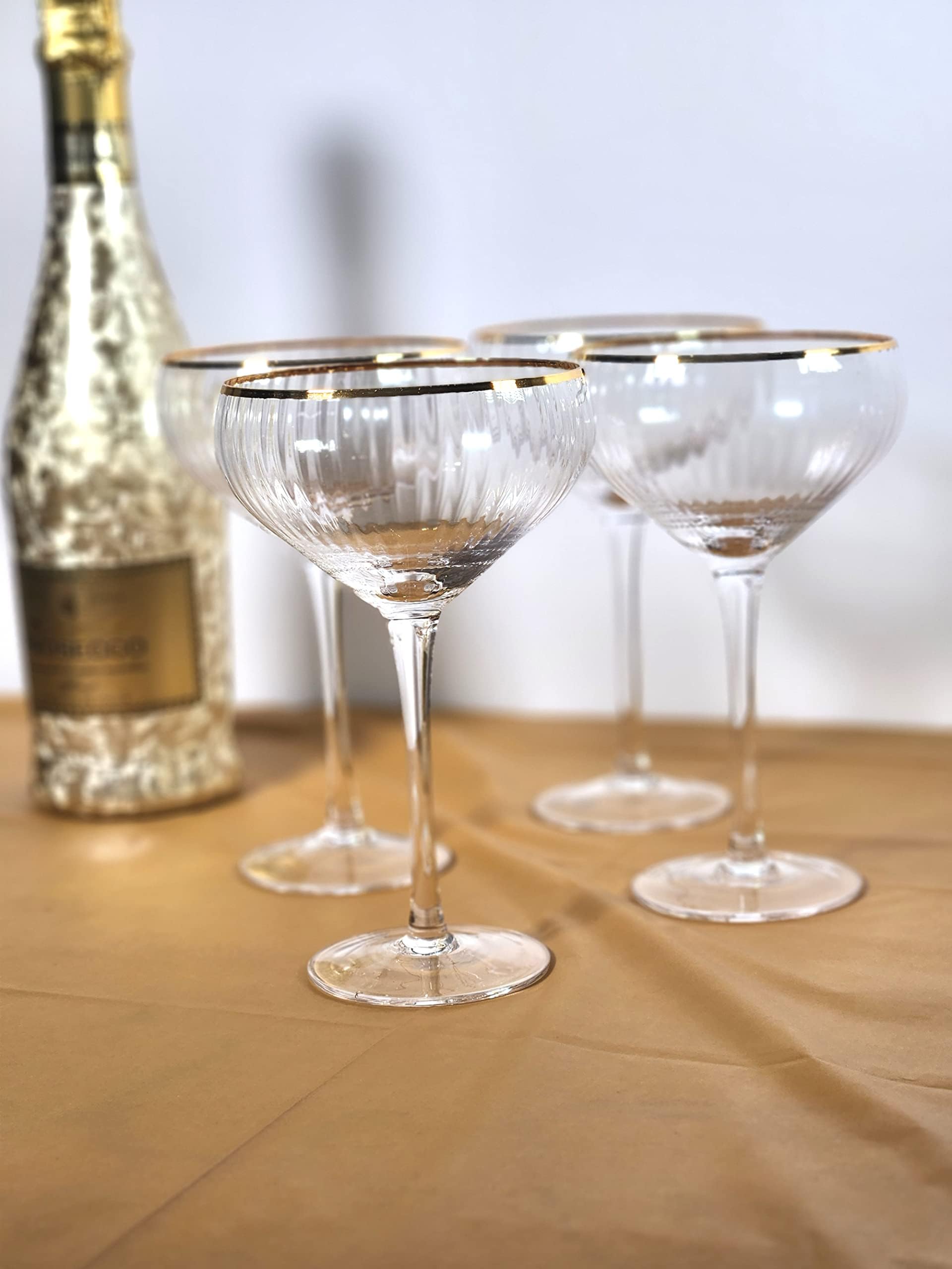 4 x Gold Rim Ribbed Cocktail Glasses Martini Glasses Prosecco Glass ...