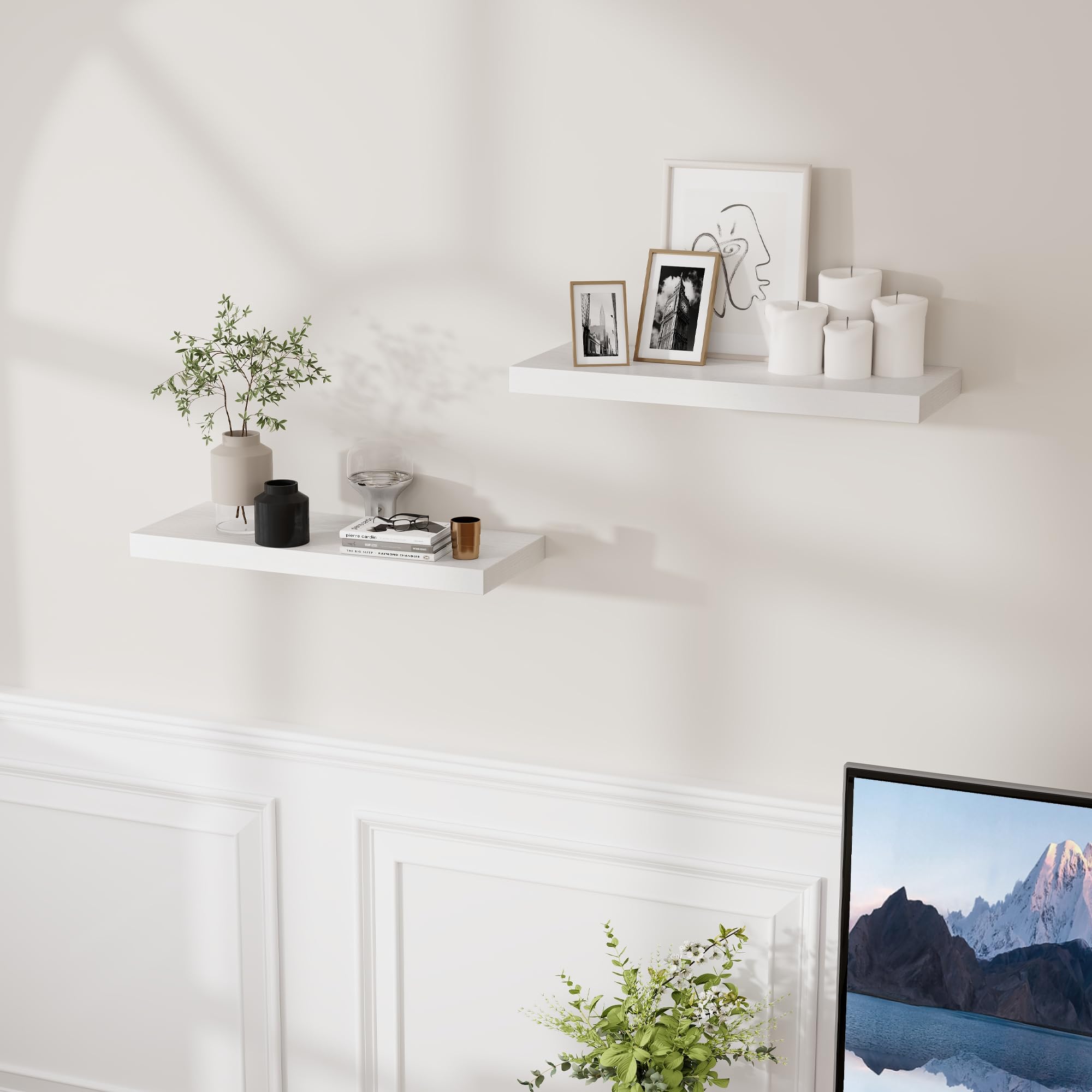 White Floating Shelves for Wall, Large Floating Shelf 24" x 9", Rustic ...