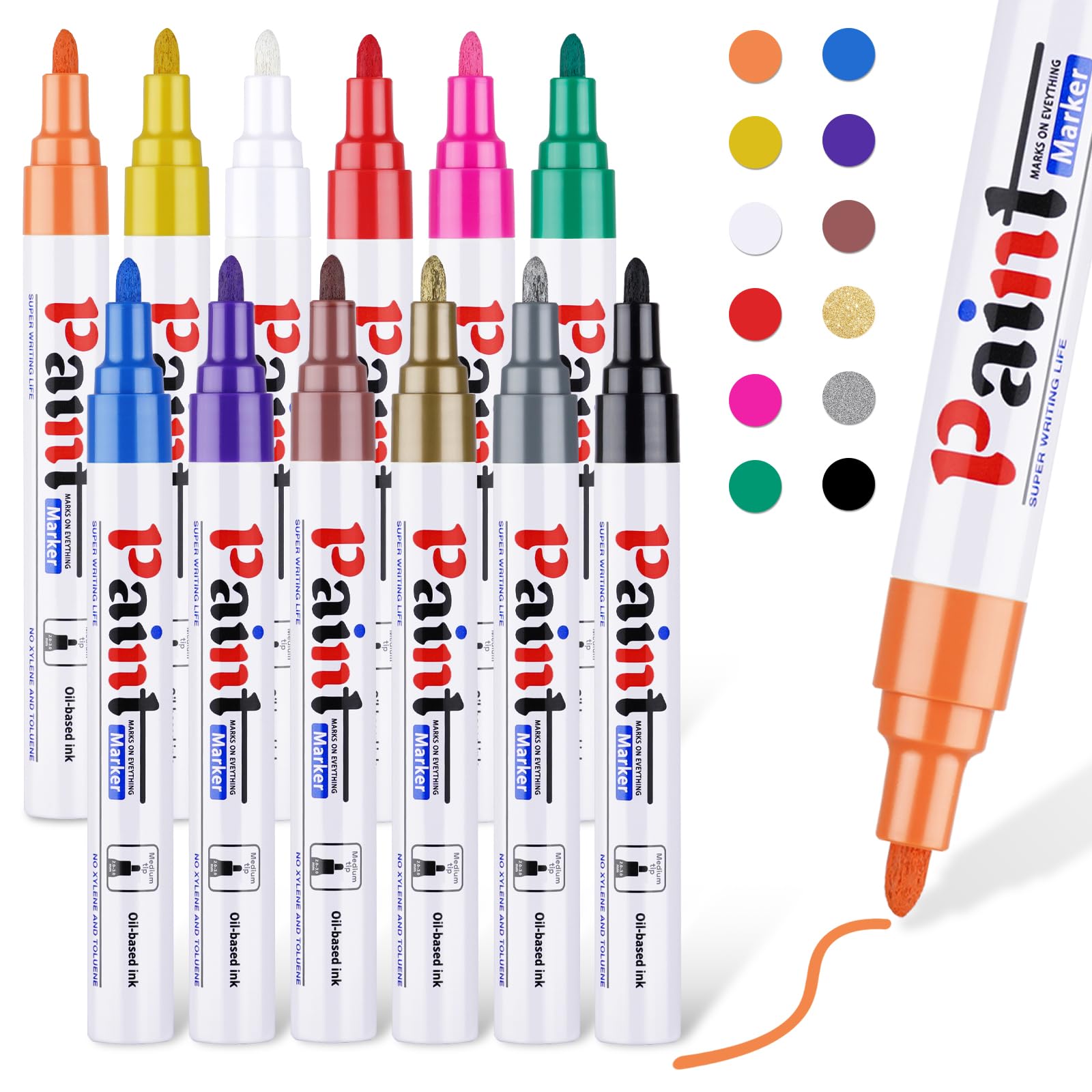 Nesayerk Paint Pens Paint Markers Set Waterproof, 12 Colors Oil-Based ...