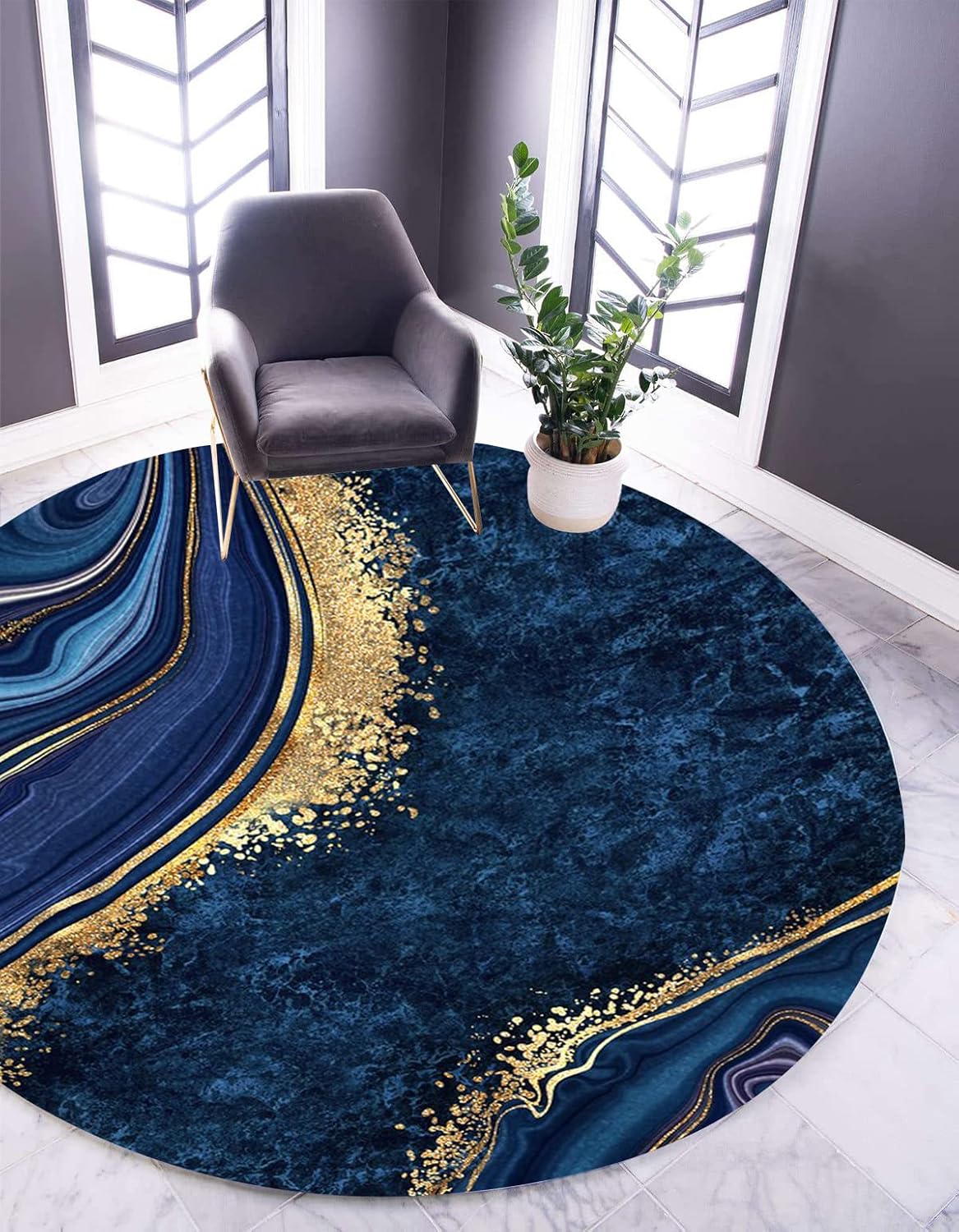 Amazon.com: Luxury Modern Aesthetic Marble Round Navy Gold Area Rug for ...