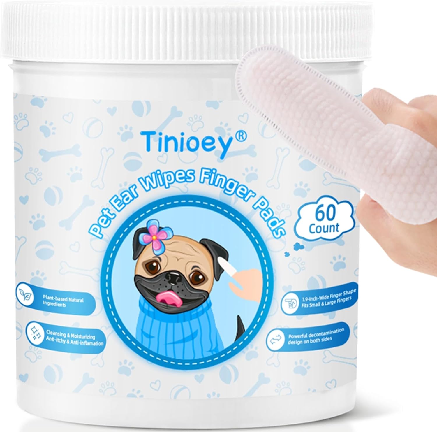 Tinioey Dog Ear Wipes for Dogs - 1.89in-Wide Large Sized Finger Pads(60 ...