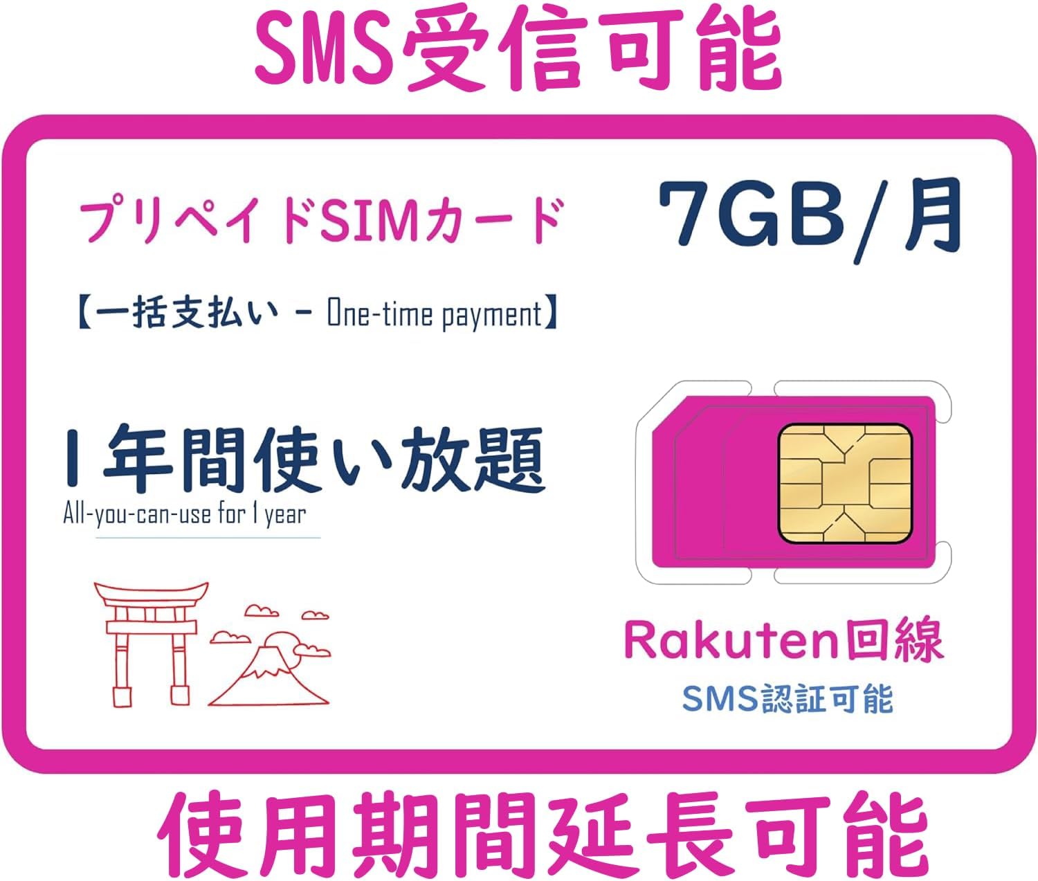 Amazon.co.jp: プリペイドSIMカード 【RAKUTEN回線】 国内海外 プリペイドSIM 7GB/月1年間有効 5G/4G-LTE対応 SMS認証可能 データ通信 専用 SIM ...