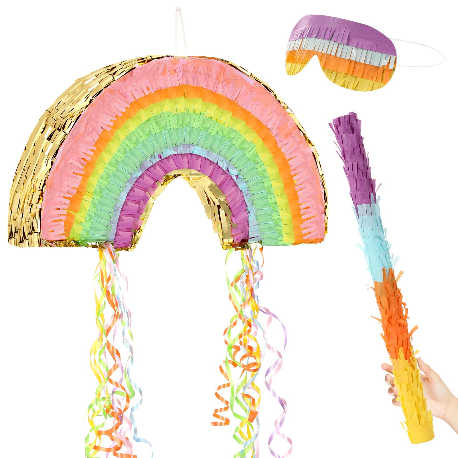 Amazon.com: QOUBAI Colorful Rainbow Pull String Pinata with Sticks and ...