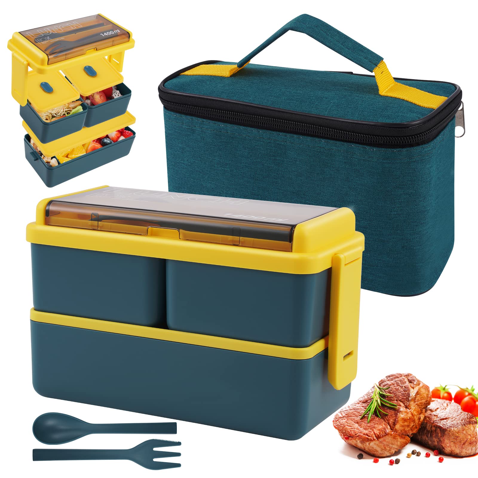 Bento Lunch Box with Spoon Fork, Stackable 2 Layer 3 Compartments Leak ...