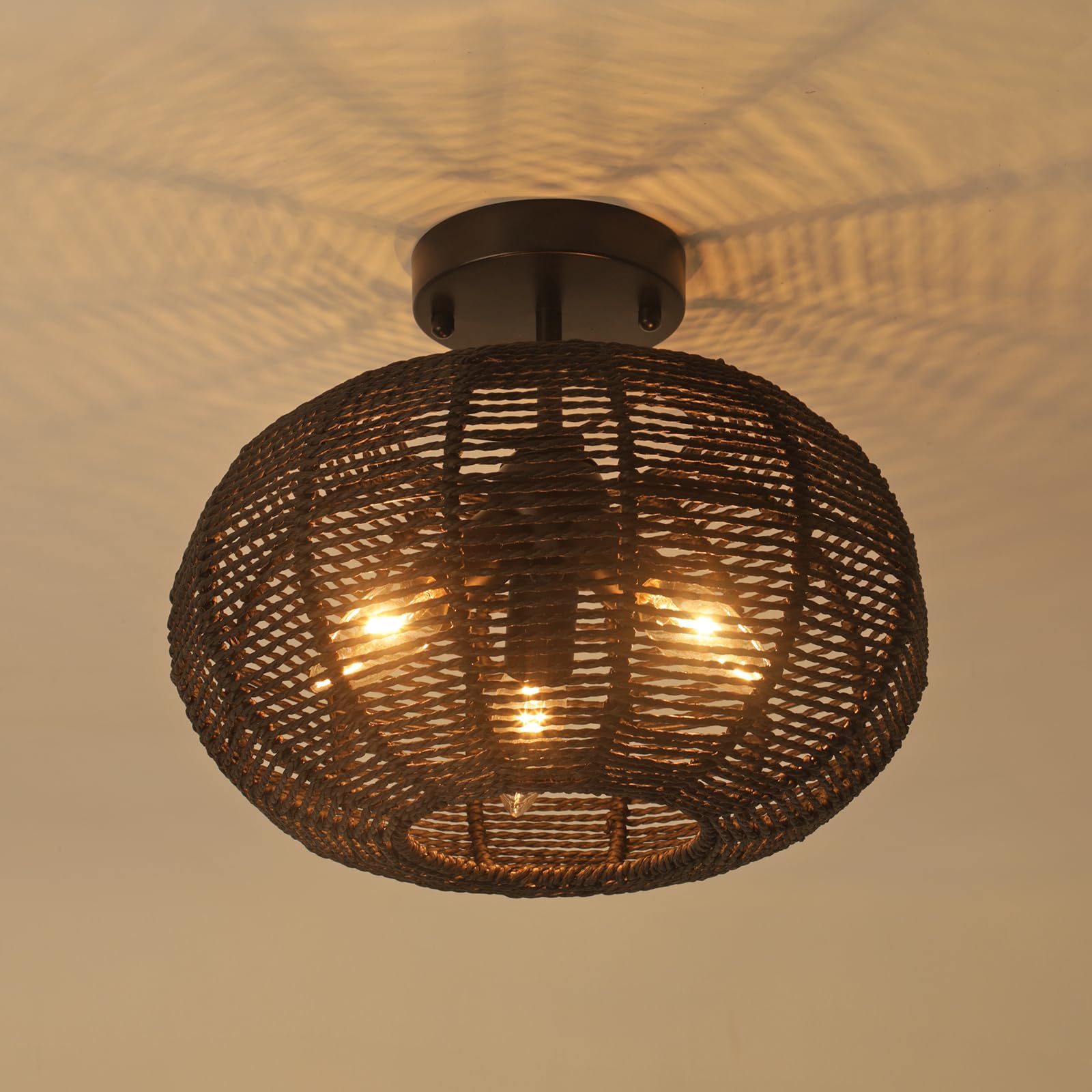 Boho Ceiling Light Fixture,3-Light Rattan Flush Mount Ceiling Light ...