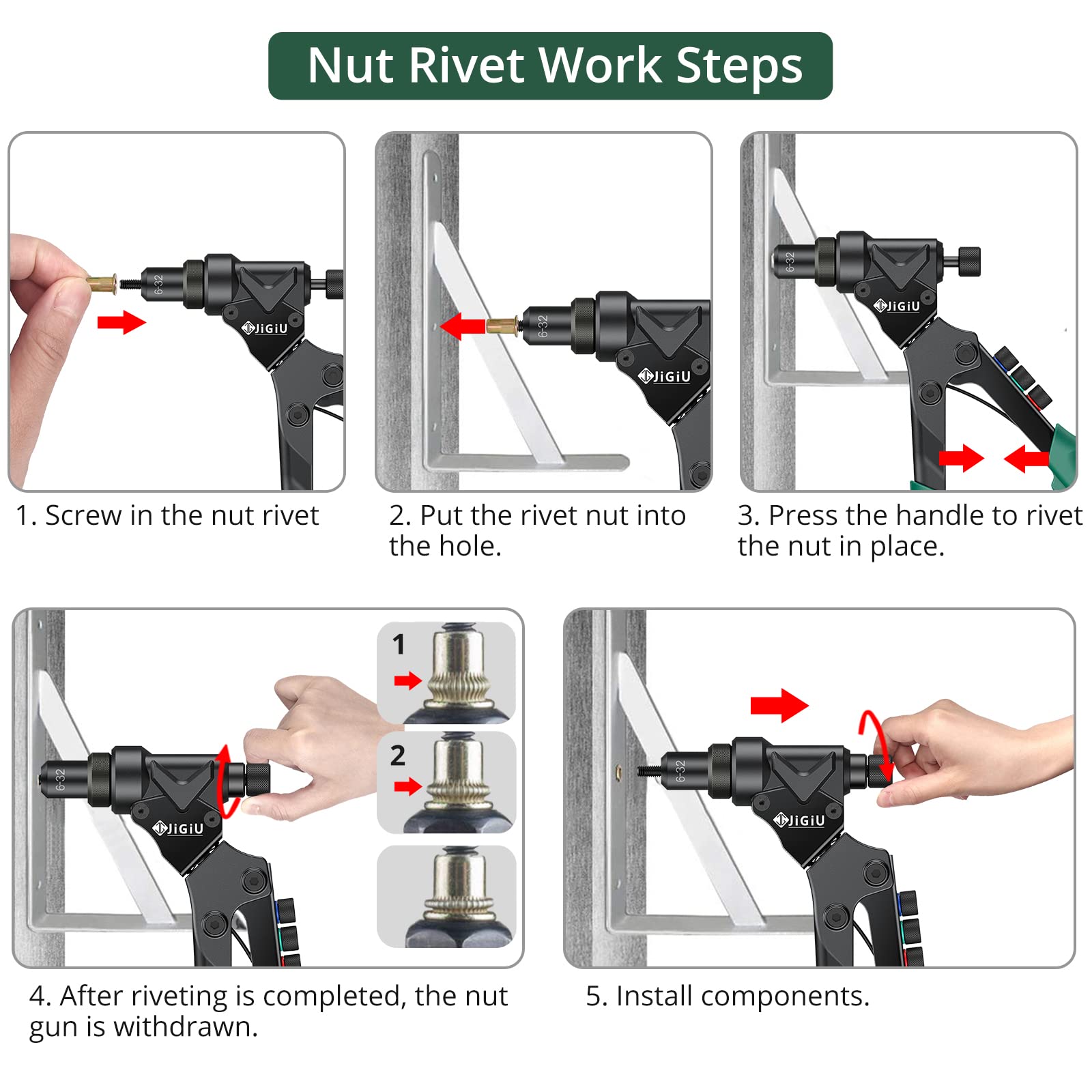 Snapklik.com : JiGiU Rivet Nut Tool Rivet Gun Reamer 3 In 1, 360 Swivel ...