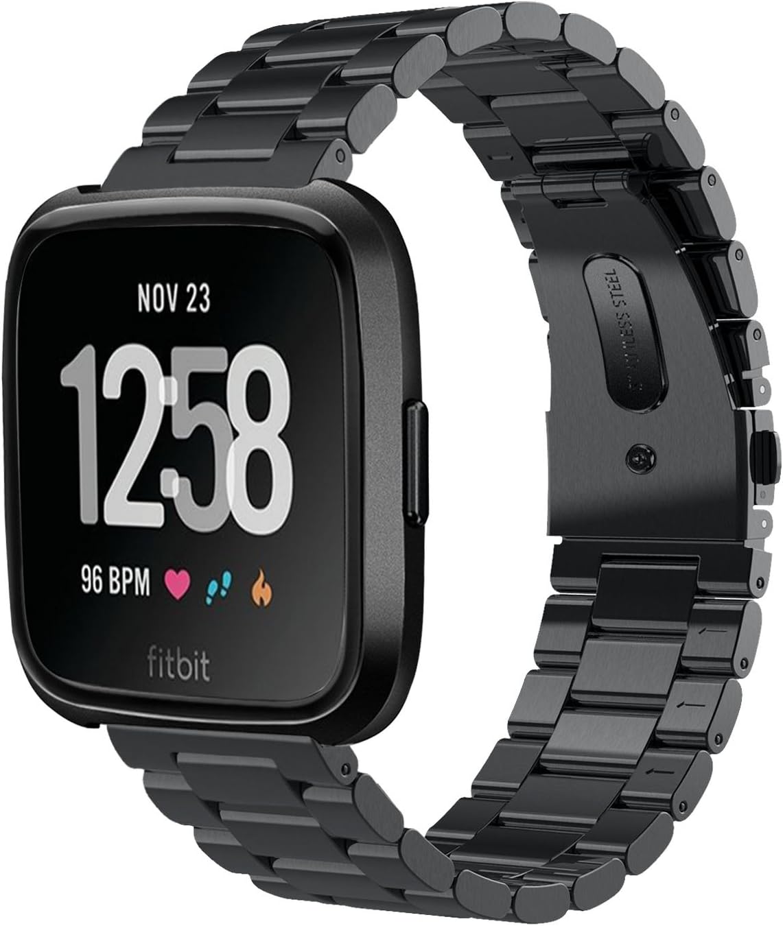 V-MORO Band Compatible With Fitbit Versa Bands Black Solid Stainless ...
