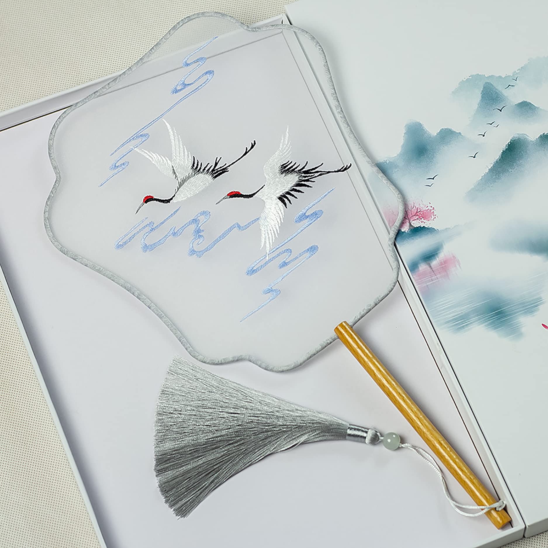 Buy YUELAI Chinese Embroidery Hand Fan (Gray Flying Crane) Hand Fan ...