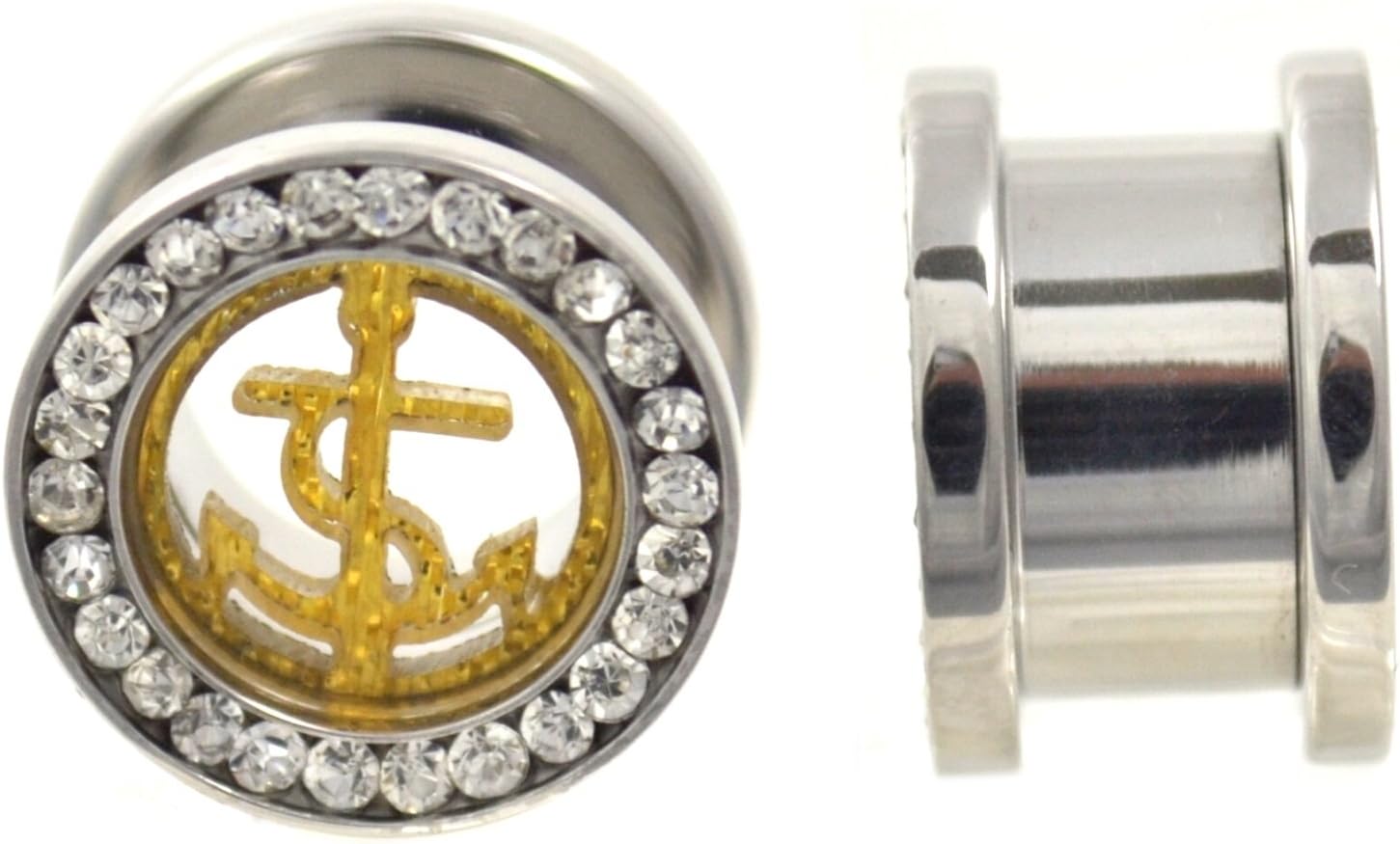 Amazon.com: Pair (2) Gold Color Nautical Anchor Ear Plugs Tunnels w ...