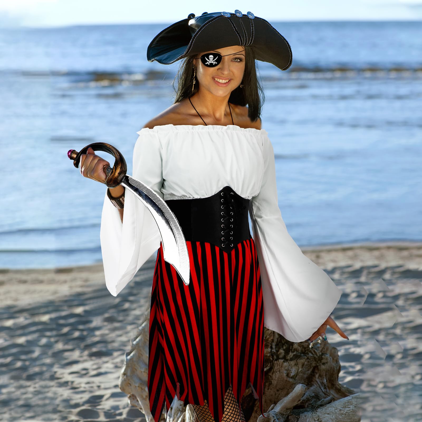 Toulite 7 Pcs Women Pirate Costume Halloween Renaissance outfit Bandana ...