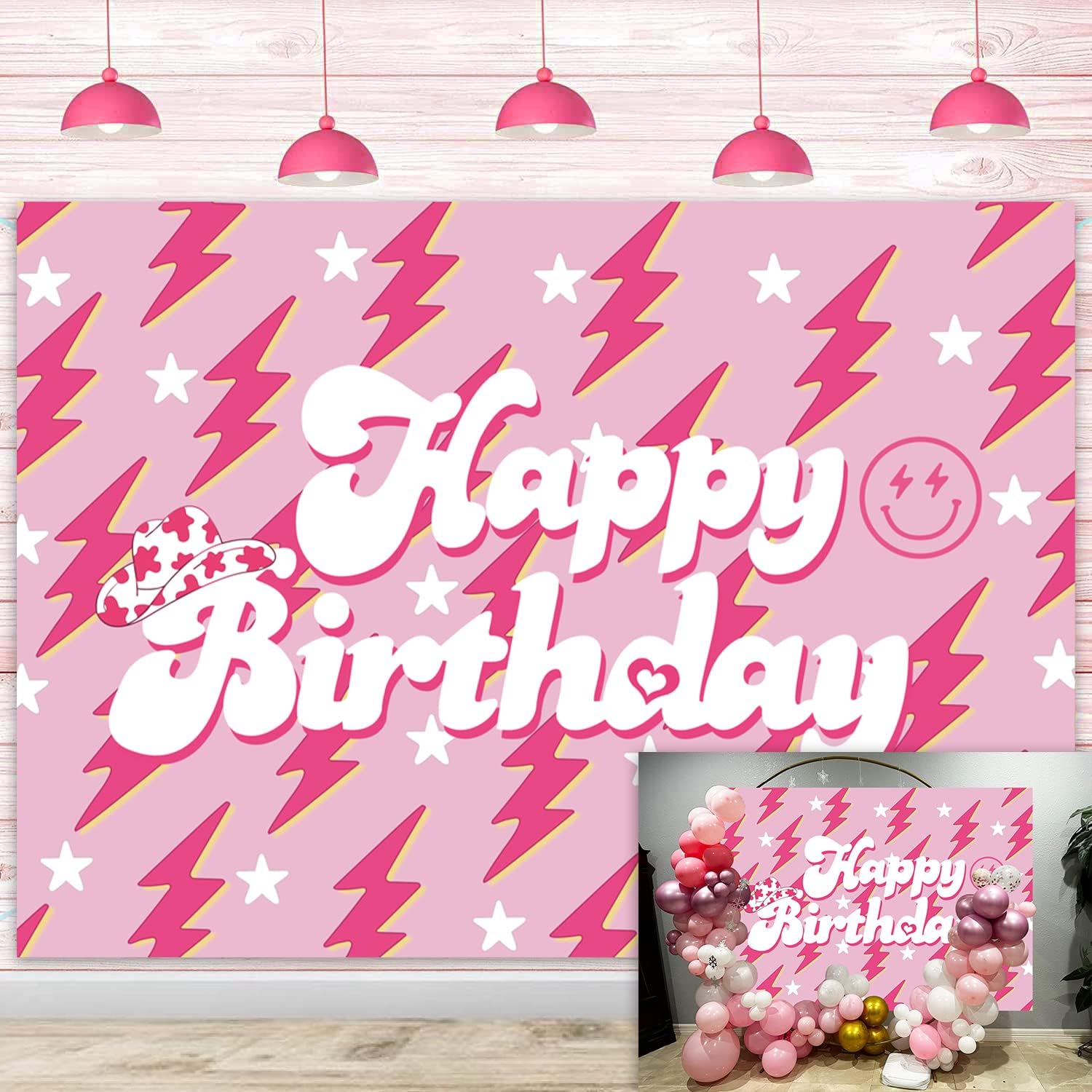 Amazon.com : Preppy Backdrop Banner for Happy Birthday 7x5FT Lightning ...