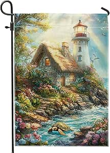 Amazon.com : Coastal Lighthouse Garden Flag, Vibrant Seaside Seaturtle ...