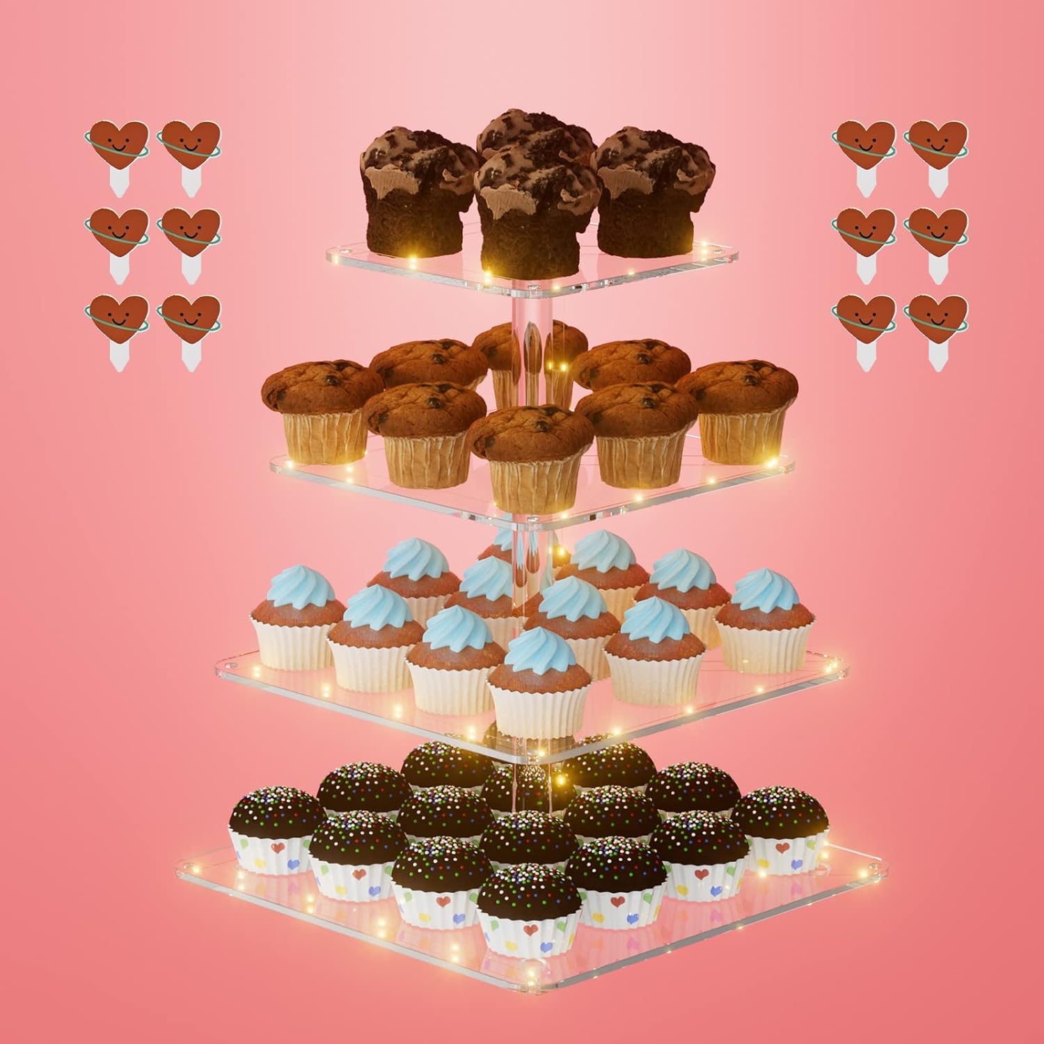 Amazon.com | 4 Tier Clear Acrylic Cupcake Stand for 40 Cupcakes with Cake Toppers, LED String ...