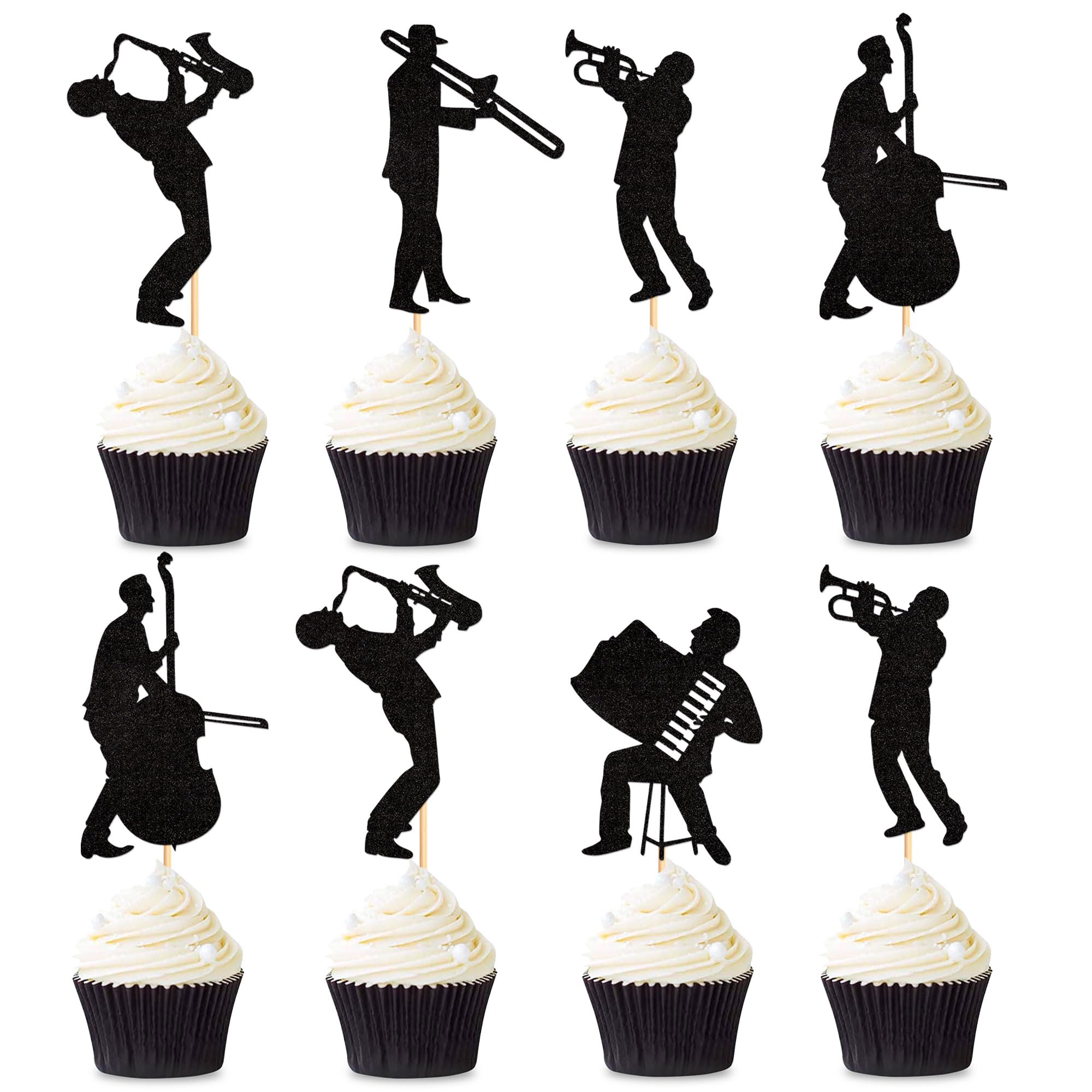 Amazon.com: Ercadio 25 Pack Jazz Band Cupcake Toppers Black Glitter ...