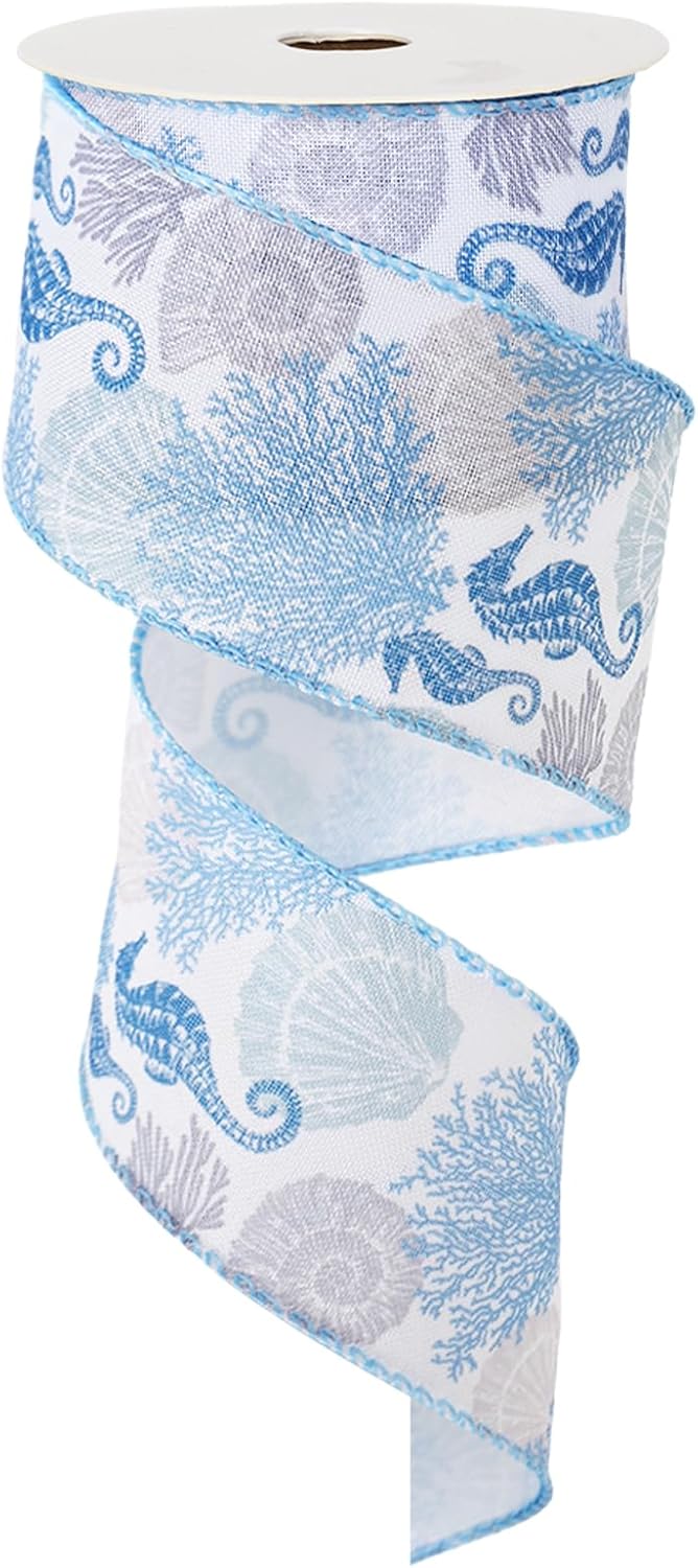 Amazon.com: JarThenaAMCS Coral Seahorse Seashell Wired Edge Ribbon Blue ...