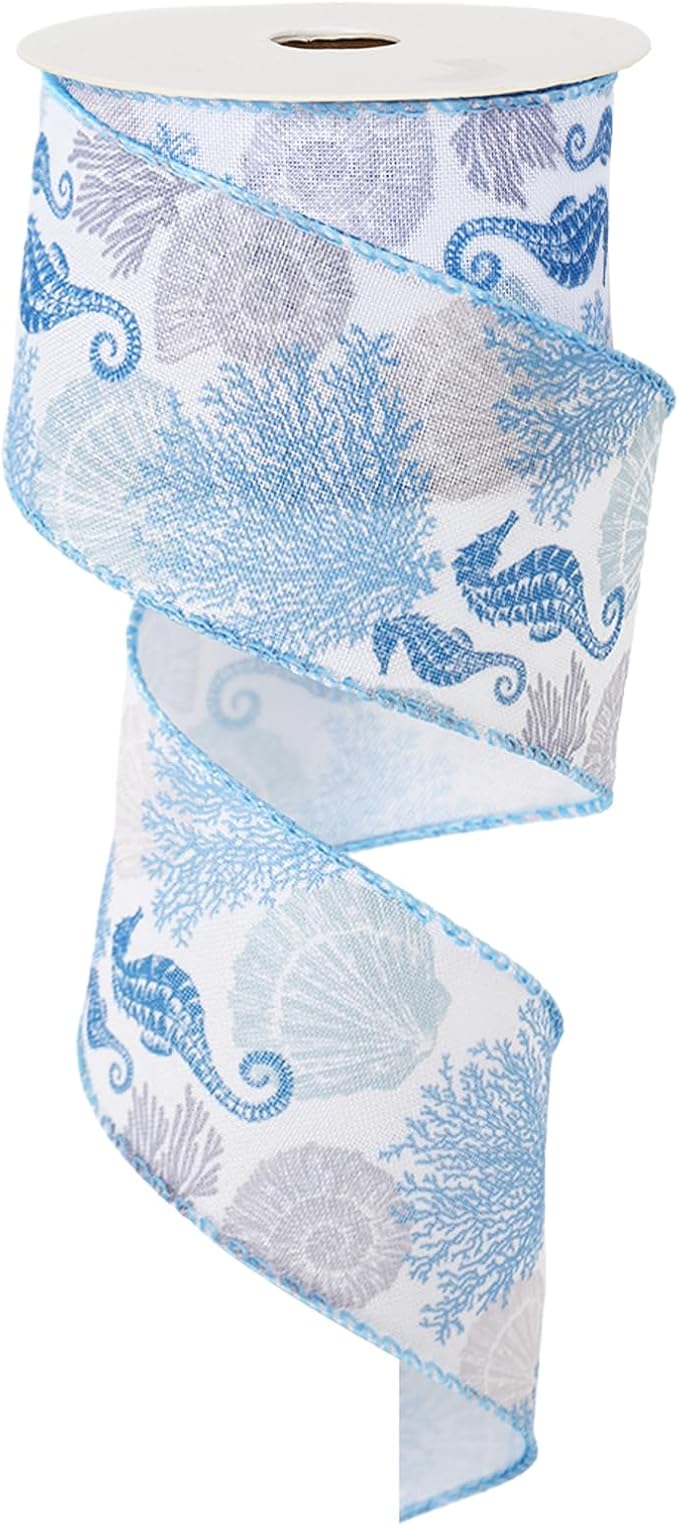 Amazon.com: JarThenaAMCS Coral Seahorse Seashell Wired Edge Ribbon Blue ...