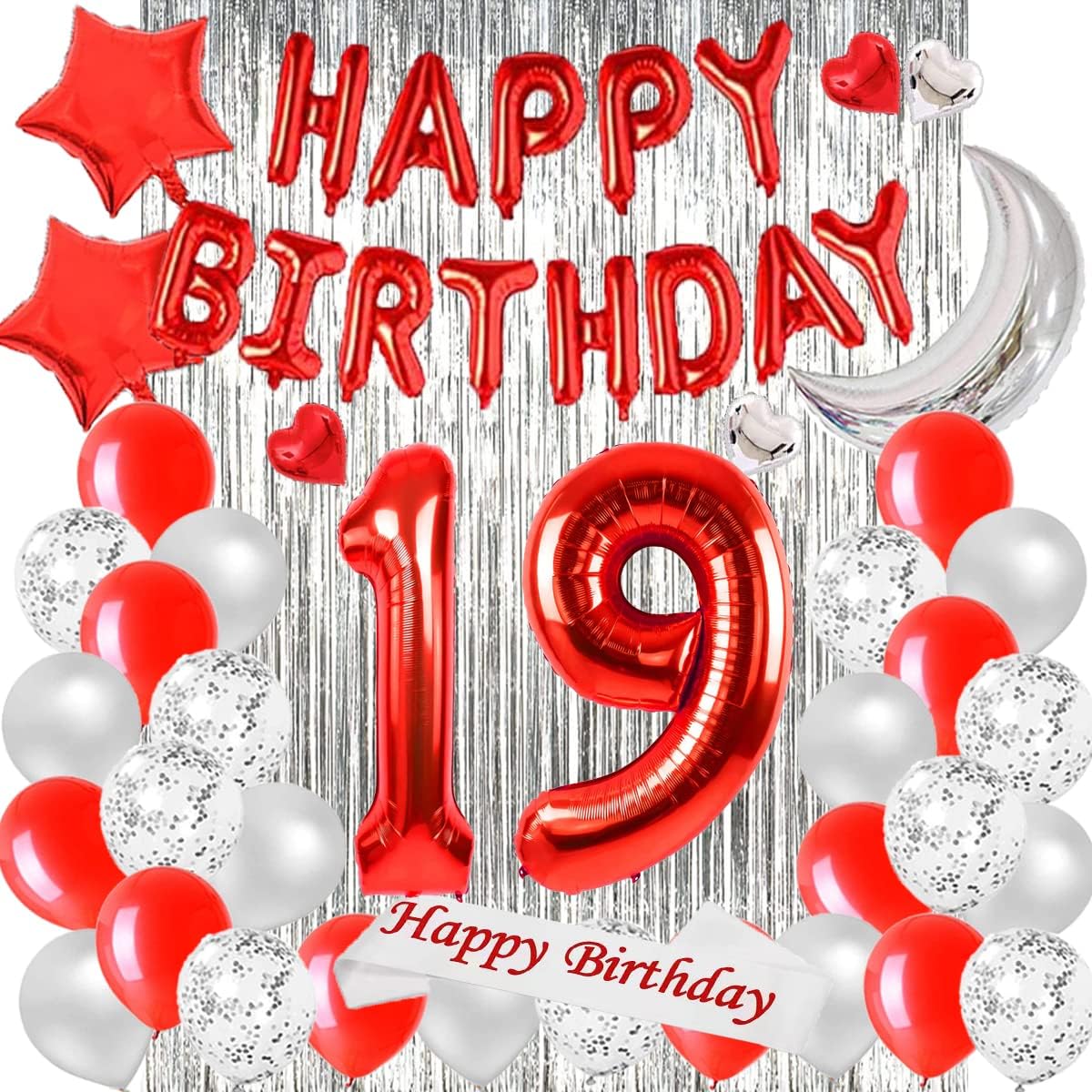 Amazon.com: Red Silver 19th Birthday Decorations -Happy Birthday Banner ...