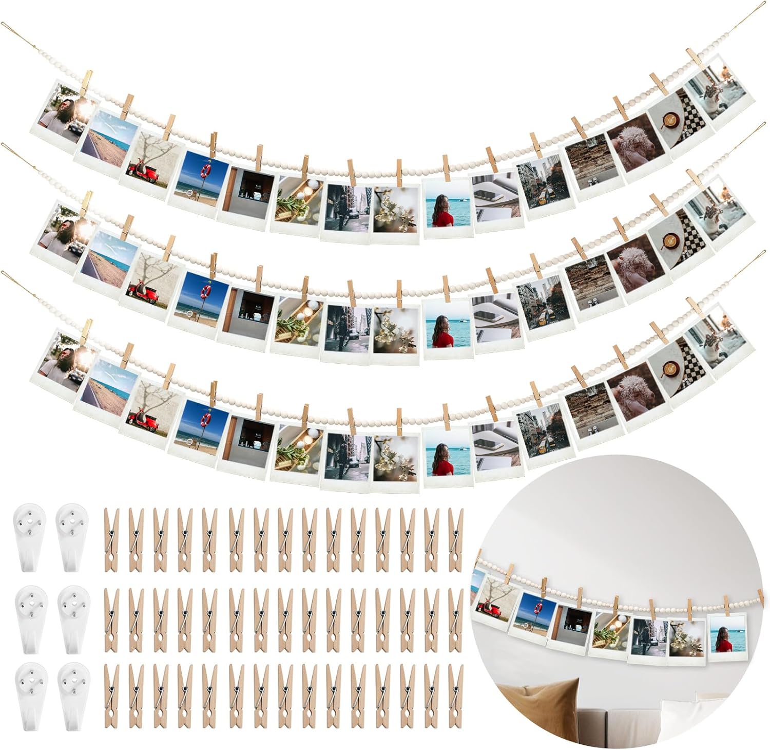 Amazon.com: YuanDe Hanging Photo Display Wall Decor with 45 Wood Clips ...
