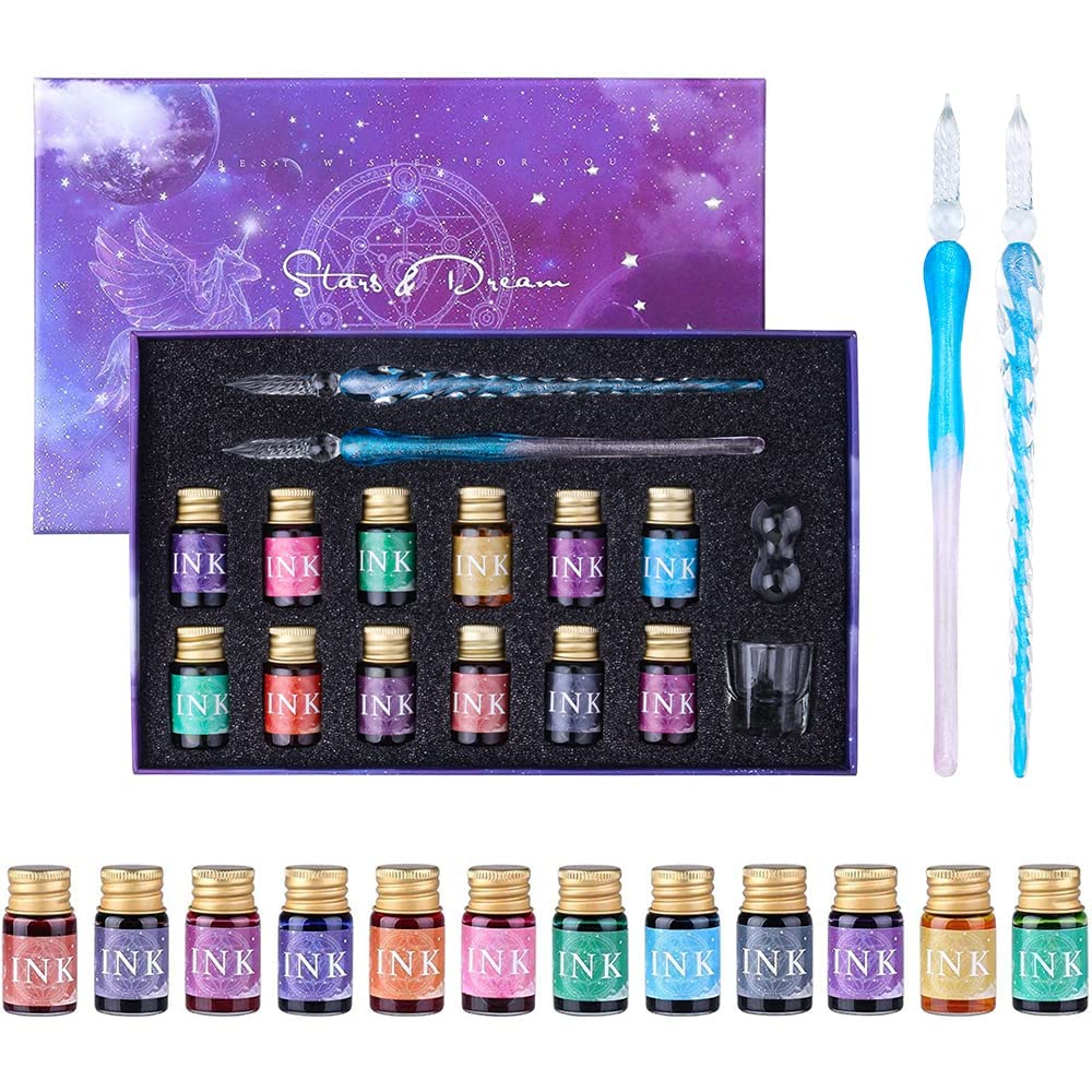 MAKINGTEC Glass Dip Pen and Ink Set with 2 Calligraphy Crystal Pens and ...
