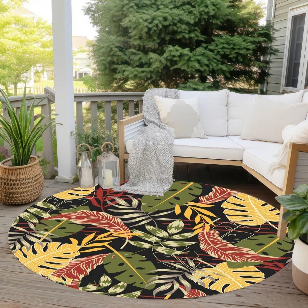Amazon.com: Yellow Green Tropical Palm Leaves Outdoor Round Area Rug ...