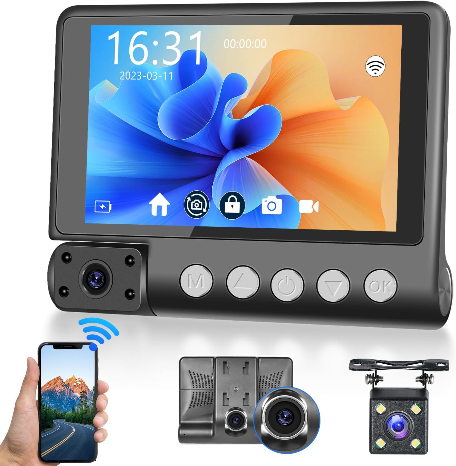 Hodozzy WiFi Dash Cam 3 Camera 1440P Full HD 4 inch Touch Screen Camera ...