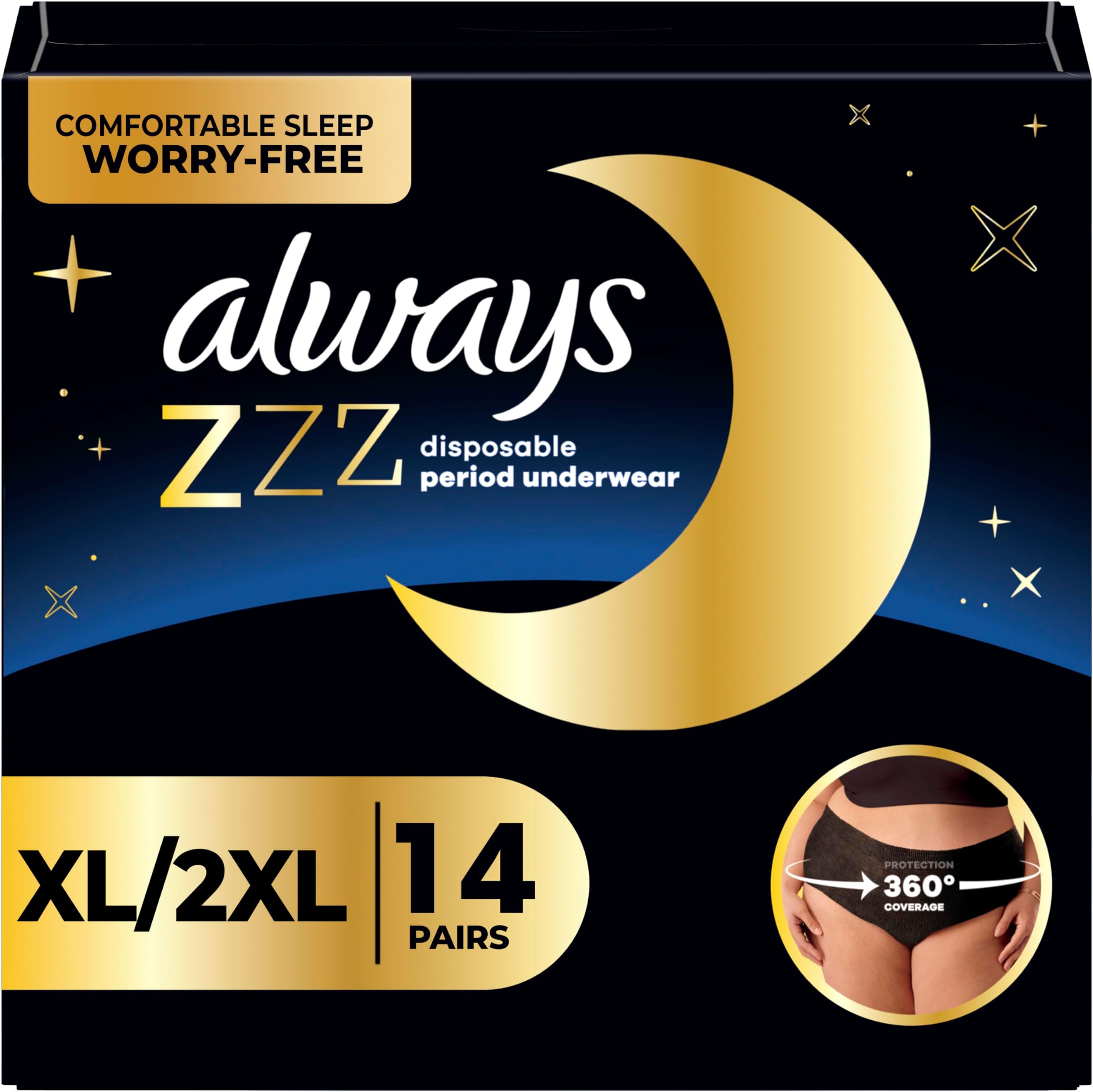 Amazon.com: Always ZZZ Overnight Disposable Period Underwear for Women Extra Large, 360 ...
