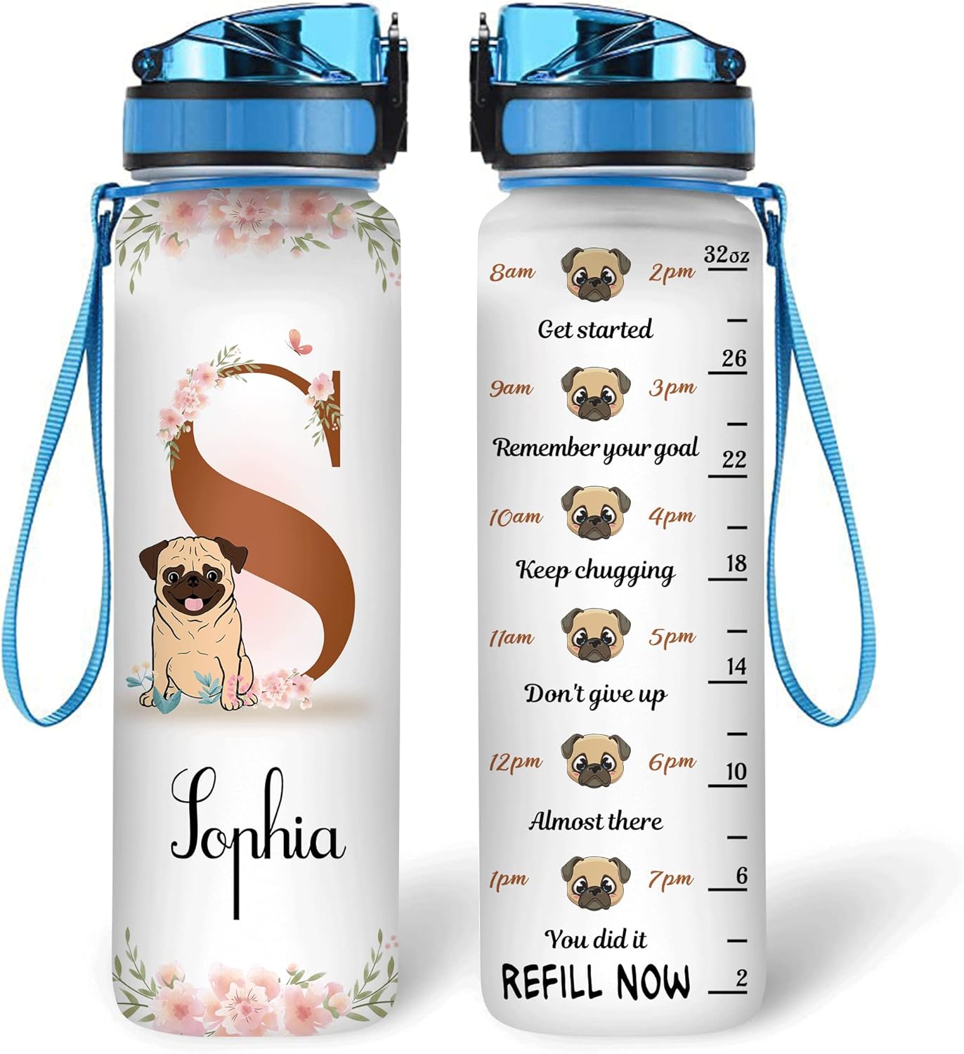 Amazon.com: Hyturtle Personalized Pug Lovers 32 Oz 1Liter Motivational ...