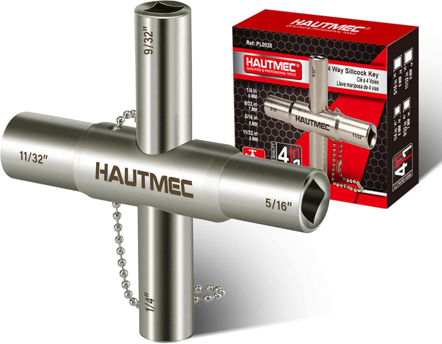 HAUTMEC 4 Way Sillcock Water Key，1/4", 9/32", 5/16", 11/32" Steel Multi ...