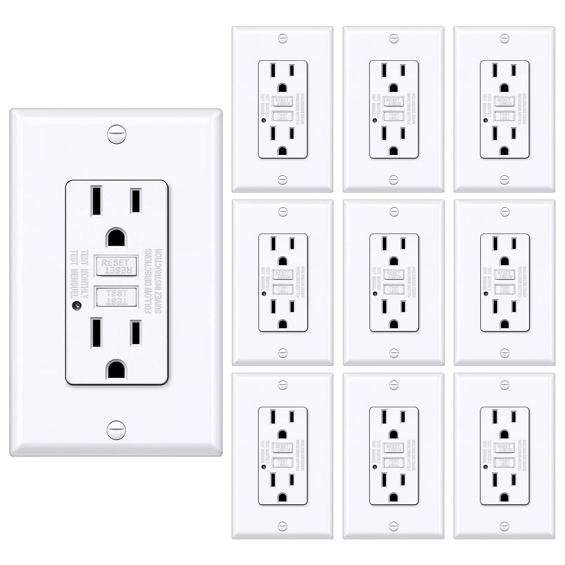 BESTTEN 10 Pack 15 Amp GFCI Outlet, GFI Receptacle Outlet with LED ...
