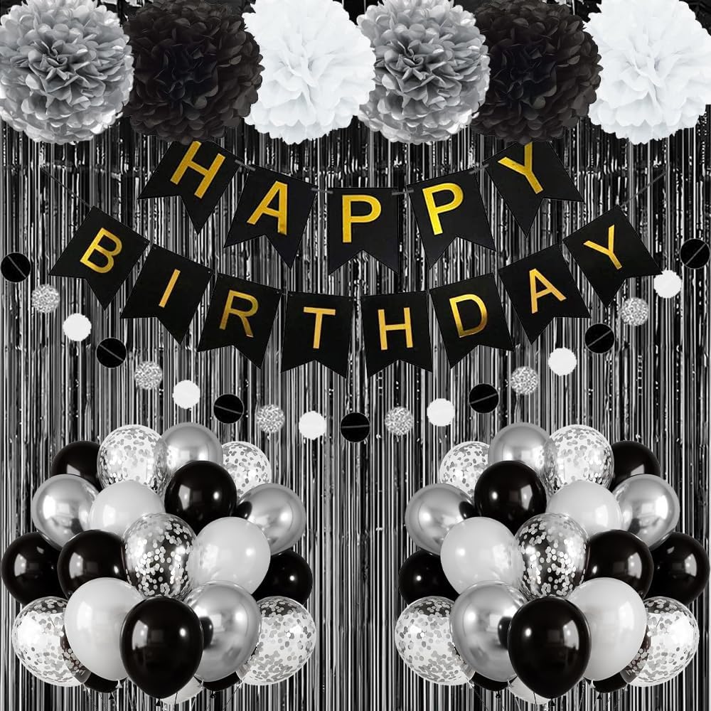 Amazon.com: Birthday Decorations for Men Women, Black and Silver Happy ...