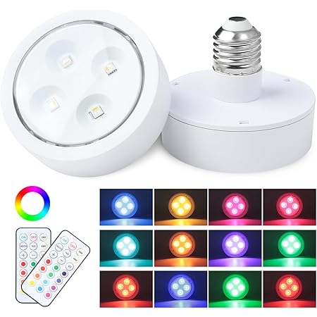 KELUOLY 2 Pack Battery Operated Light Bulbs,Dimmable E26 Battery Bulb, 13 Colors RGB LED Puck ...