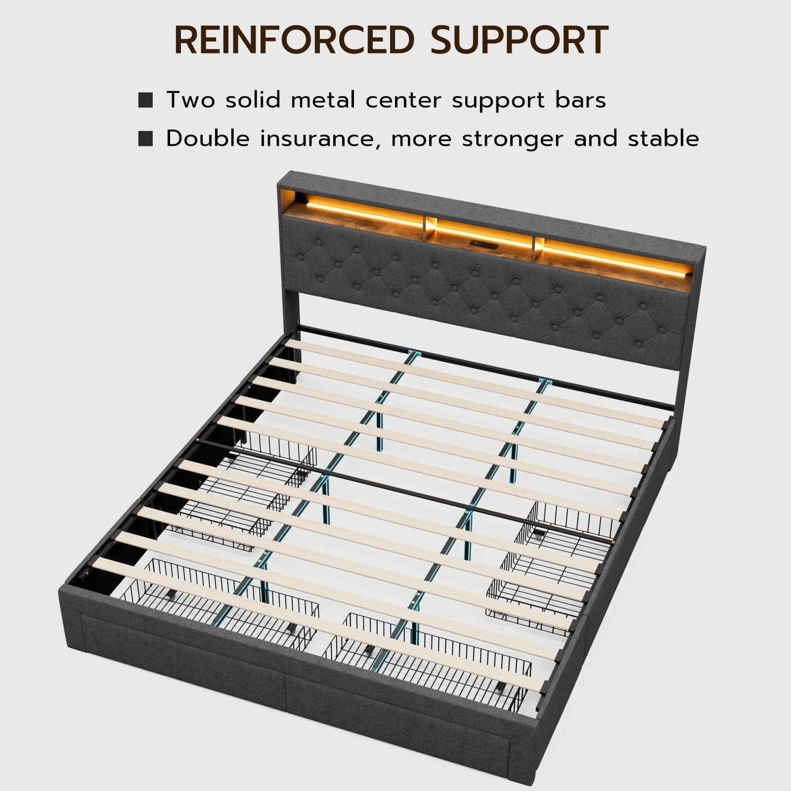 IKIFLY California King Bed Frames with Charging Station & Storage ...