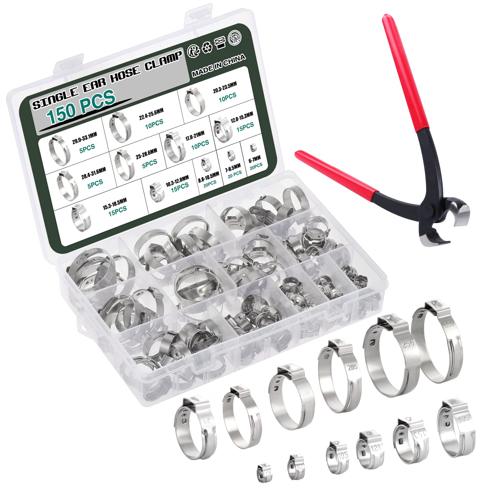 Buy Knpwer 150 Pcs 304 Stainless Steel Single Ear Hose Clamp,6-33.1mm ...