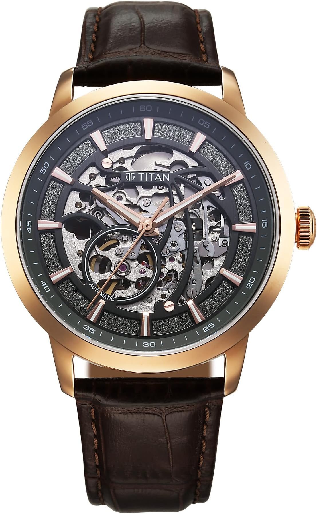 Titan Phoenix Skeletal Automatic Analog with Gun Dial Brown Leather ...