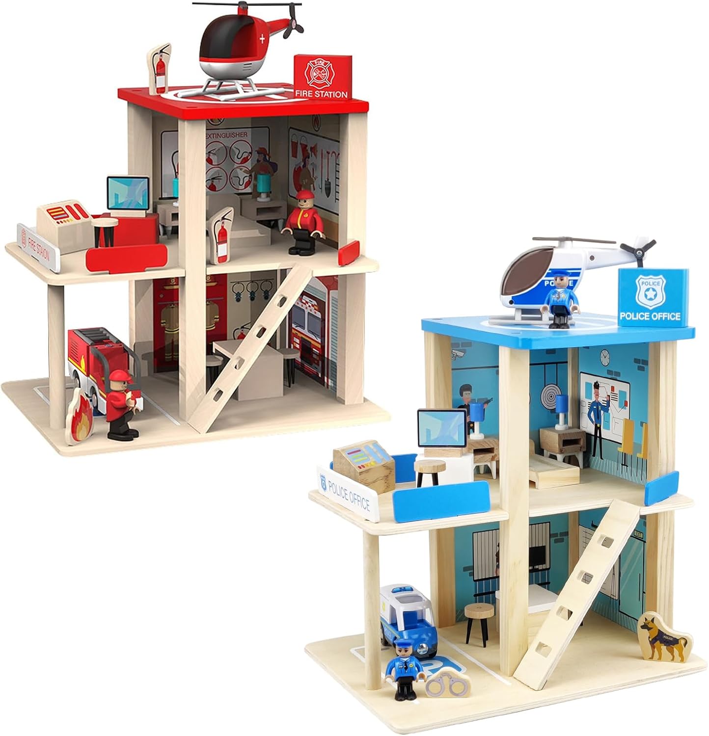 Amazon.com: Bundle of Wooden Fire Station Playset and Wooden Police ...