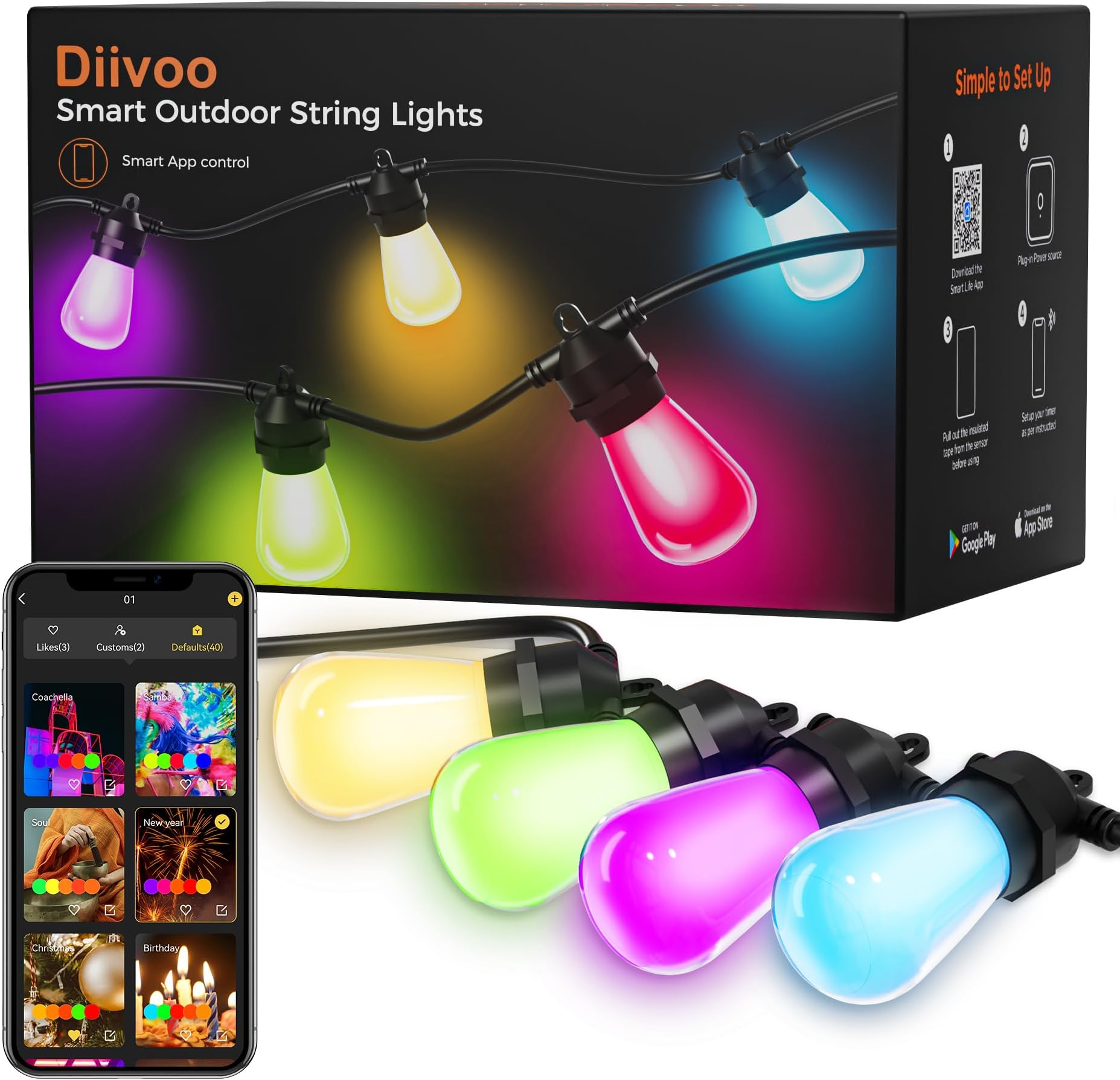 Diivoo Outdoor Light String 15M/48ft, Patio Light with Smart APP ...
