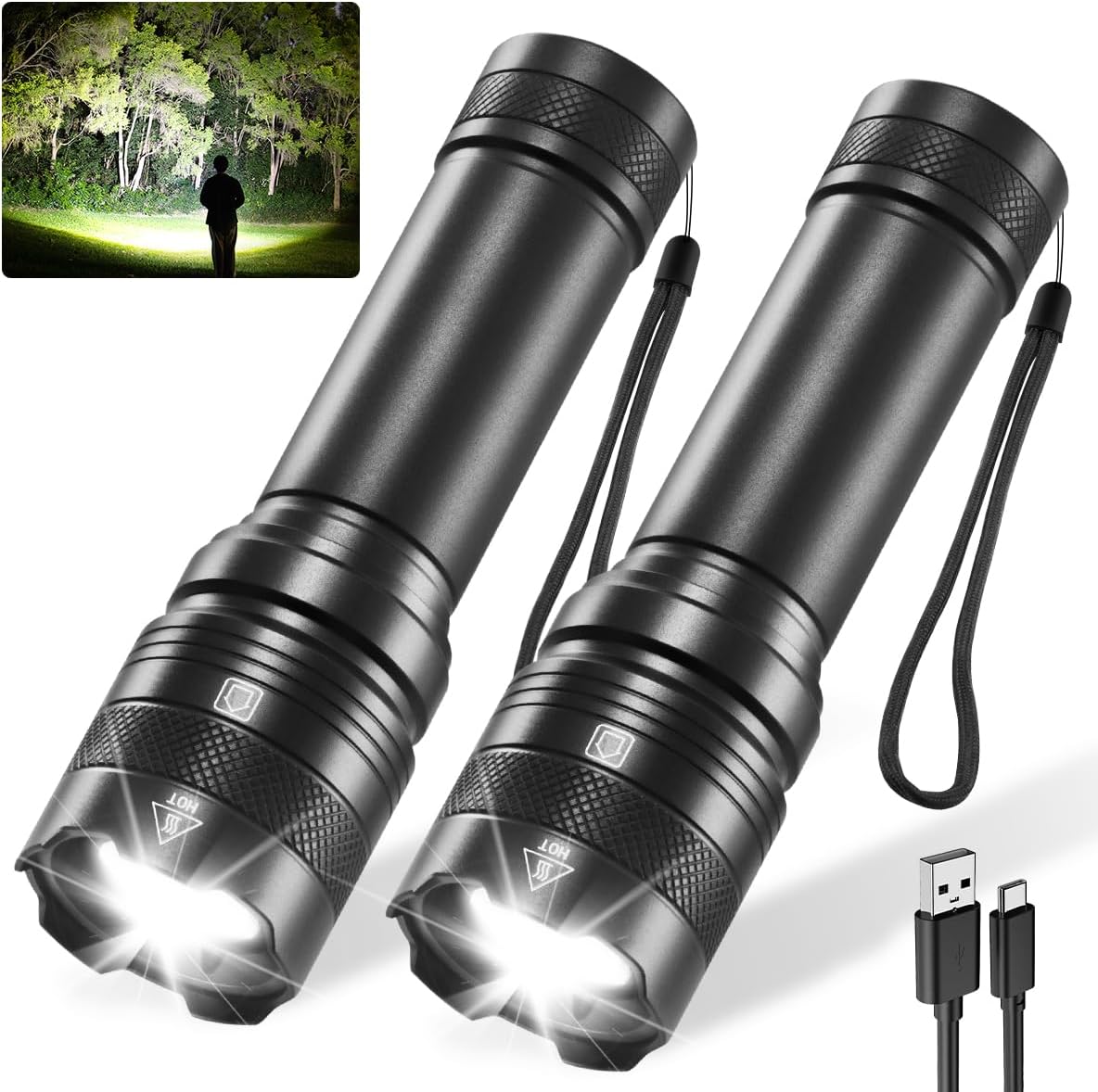 2Pack Rechargeable Flashlights, Tactical Flashlights High Lumens, Super ...