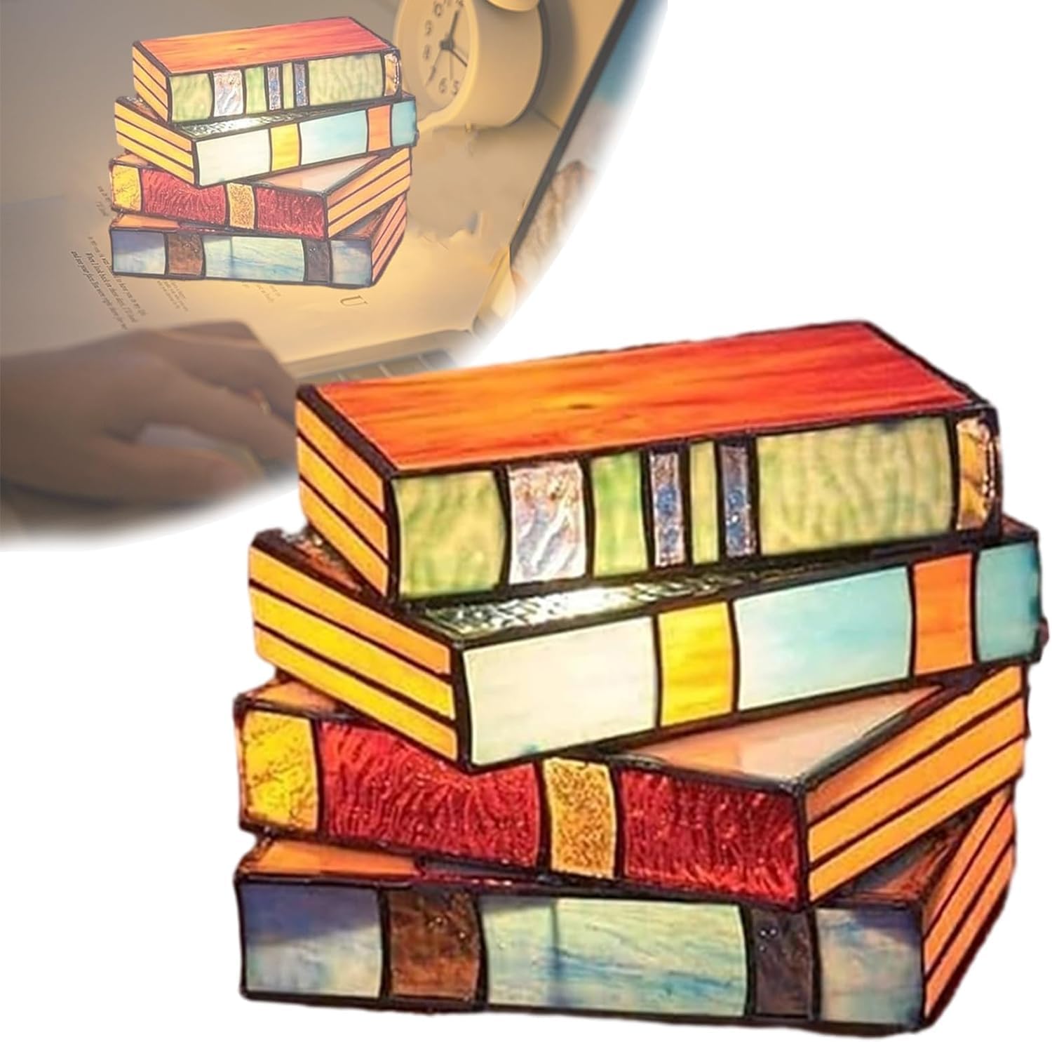 Stained Glass Stacked Books Lamp, LED Stacked Books Glass Lamp, Reading ...