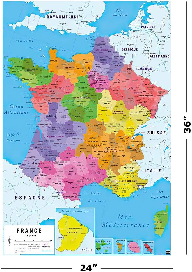 French Language Map of France - Size 24 x 36 - Black Nepal | Ubuy