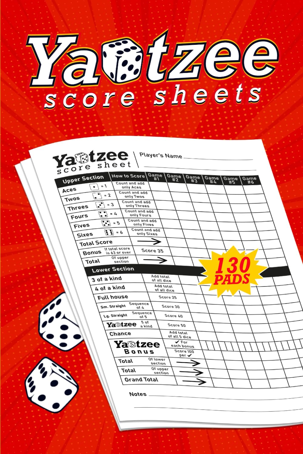 Amazon.com: Yatzee Score Sheets: 130 Large Print Pads for Epic Game ...