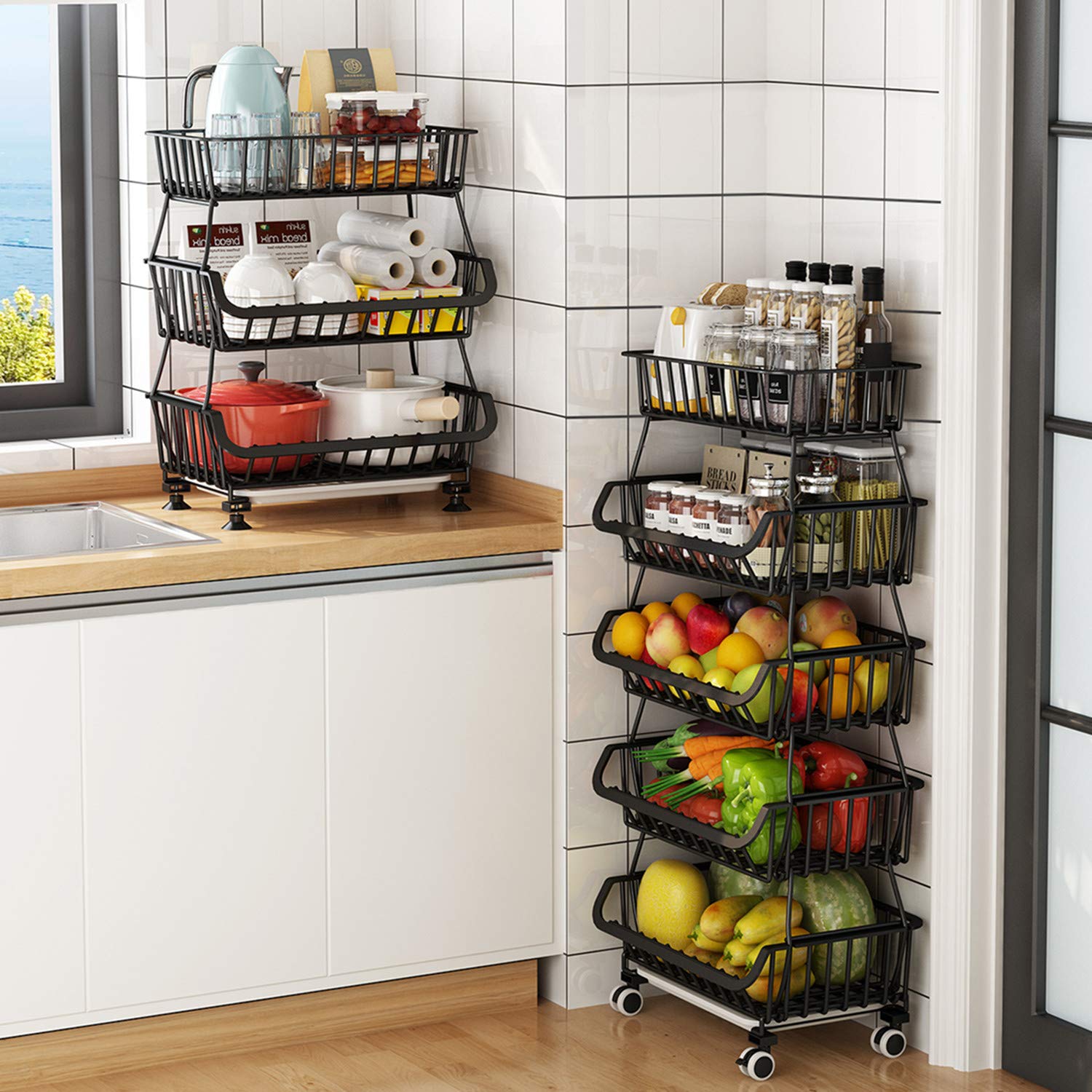 OKZEST 5 Tier Fruit Basket for Kitchen, Stackable Bins Wire Rack with ...