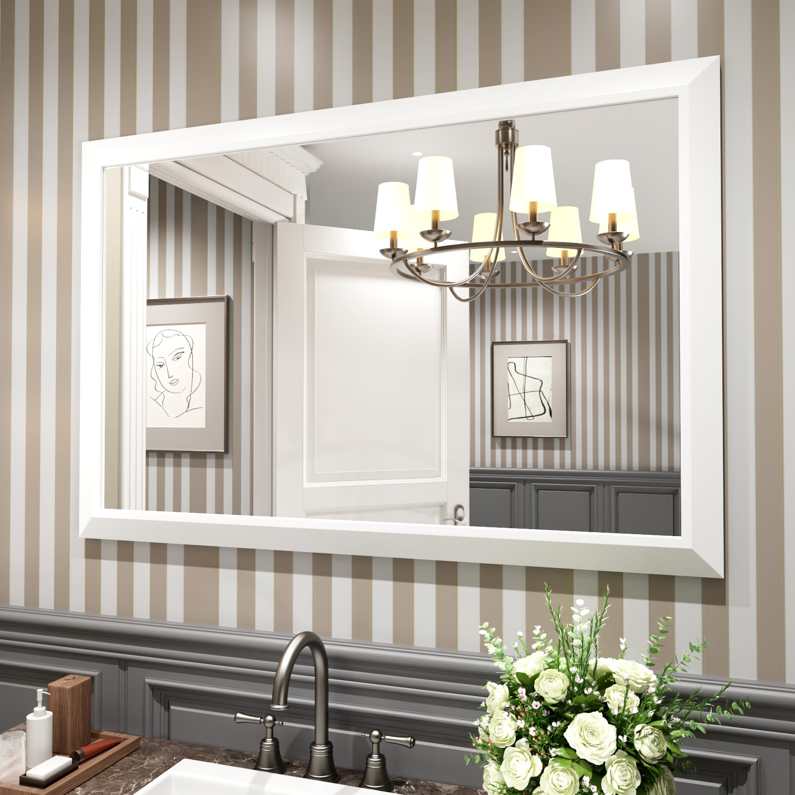 Amazon.com: Amorho Bathroom Mirror, 48X32 Inch White Thick Metal Framed ...