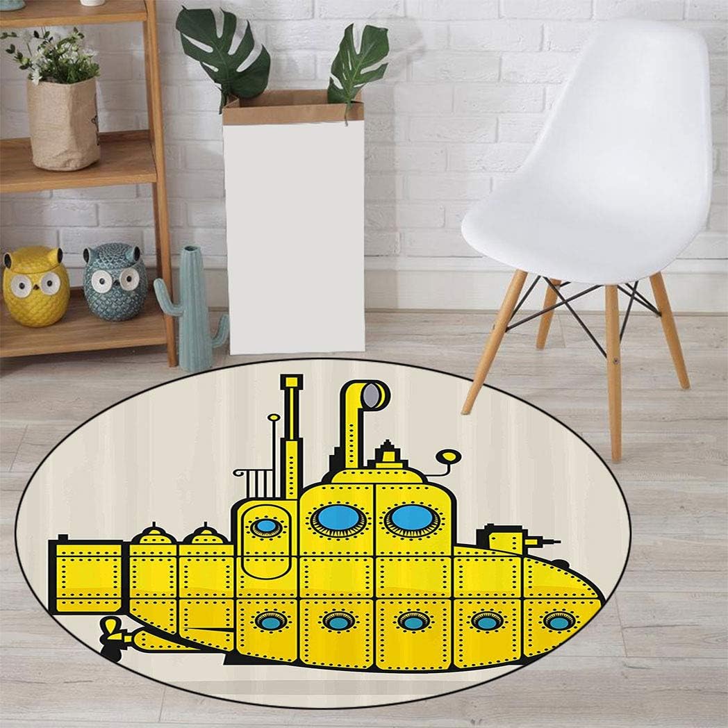 Yellow Submarine Round Rugs, Retro Grunge Artsy Marine Vessel ...